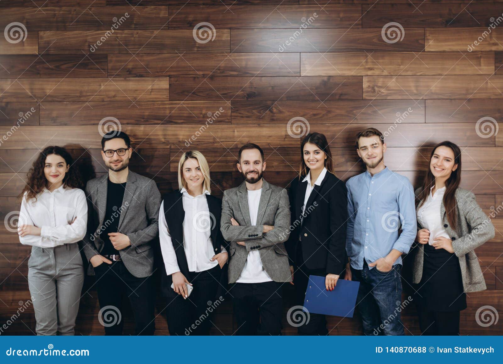 Successful Company with Happy Workers Standing in Row in Modern Office ...