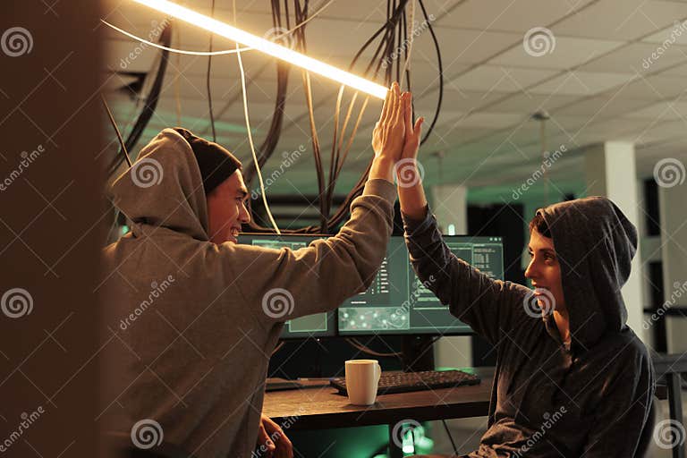 Successful Cyberattack, Happy Hackers Giving High Five, Hacking Server ...