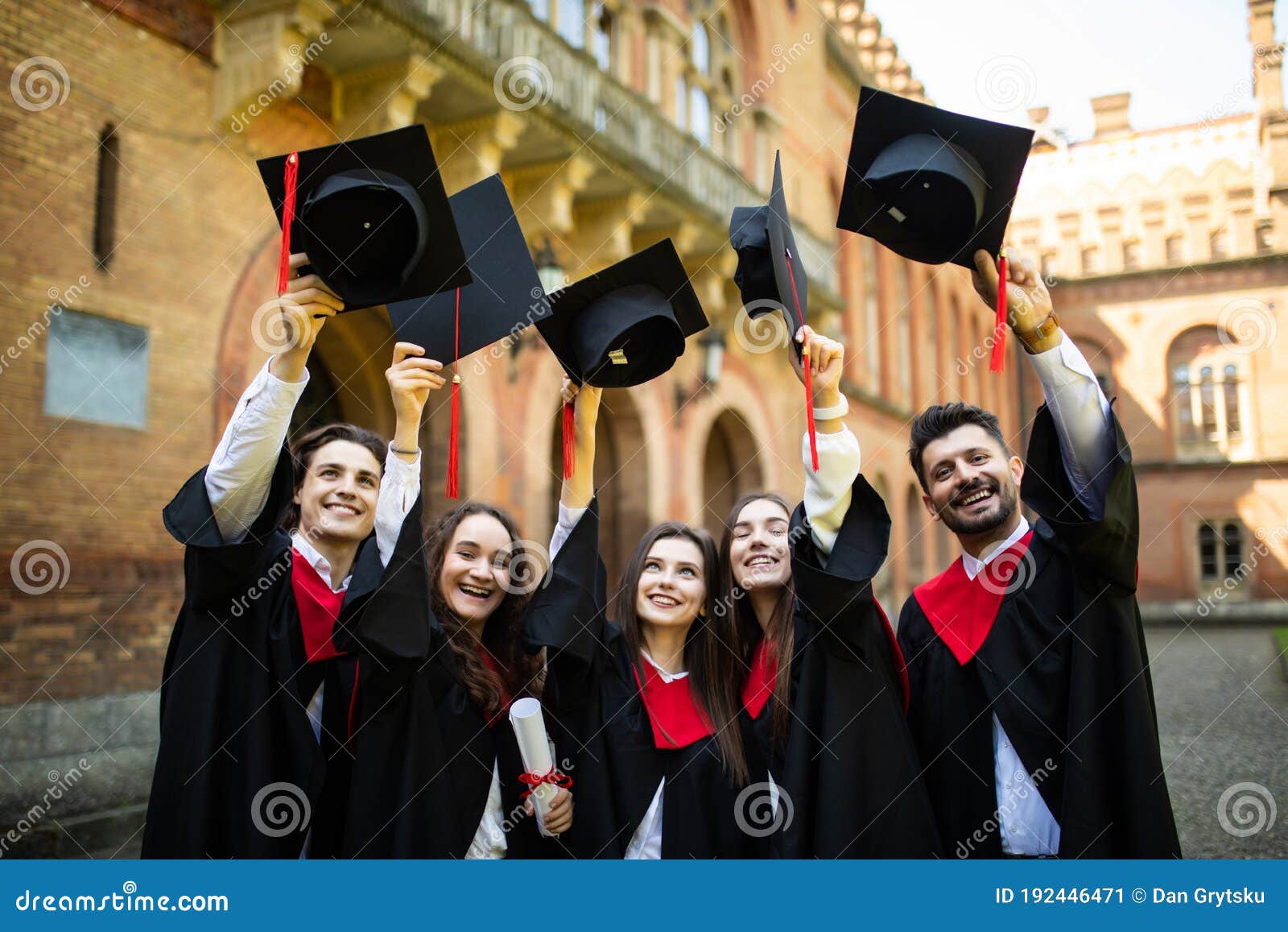 Successful Five Students With Congratulations Together Throwing ...