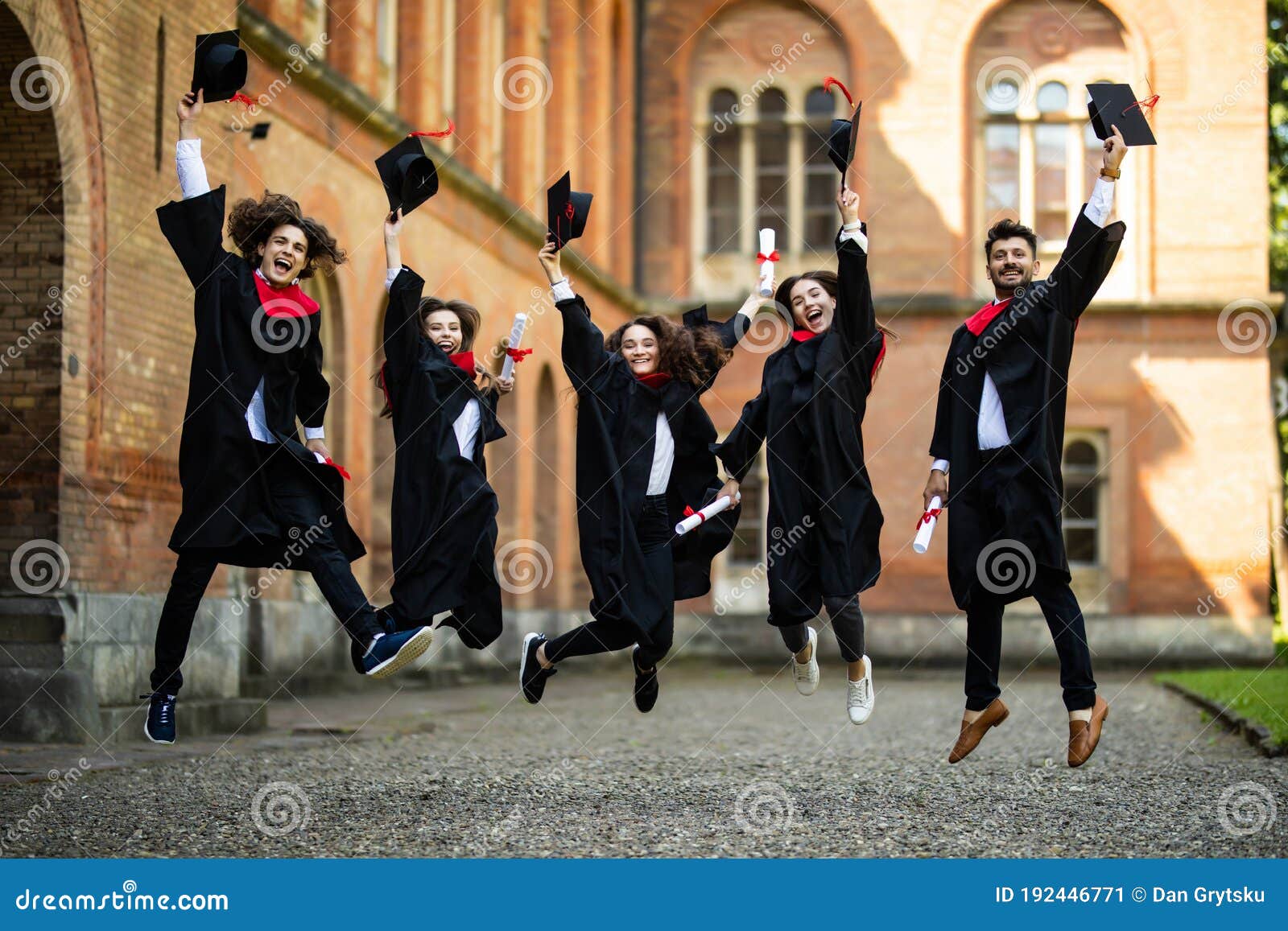 Successful Five Students with Congratulations Together Throwing ...