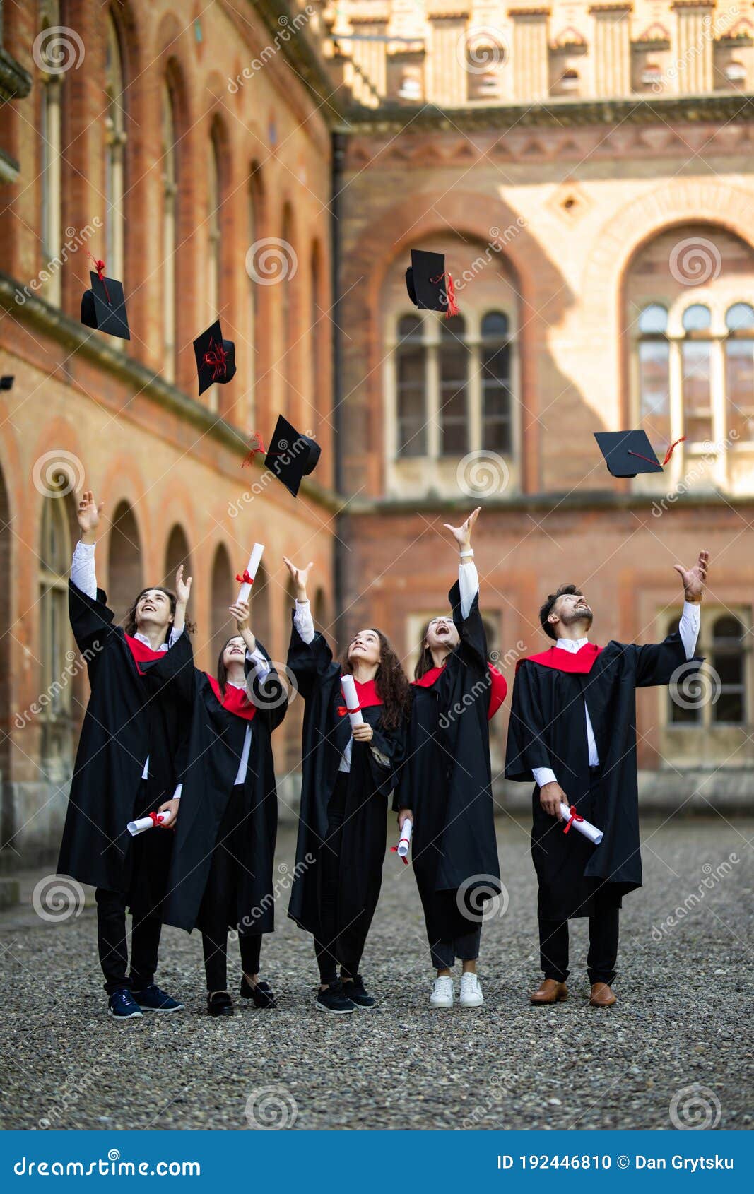 Successful Five Students With Congratulations Together Throwing ...