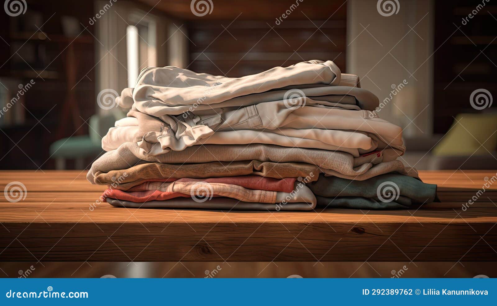 A Successful Laundry Day. a Stack of Fresh, Clean Clothes on a Wooden ...