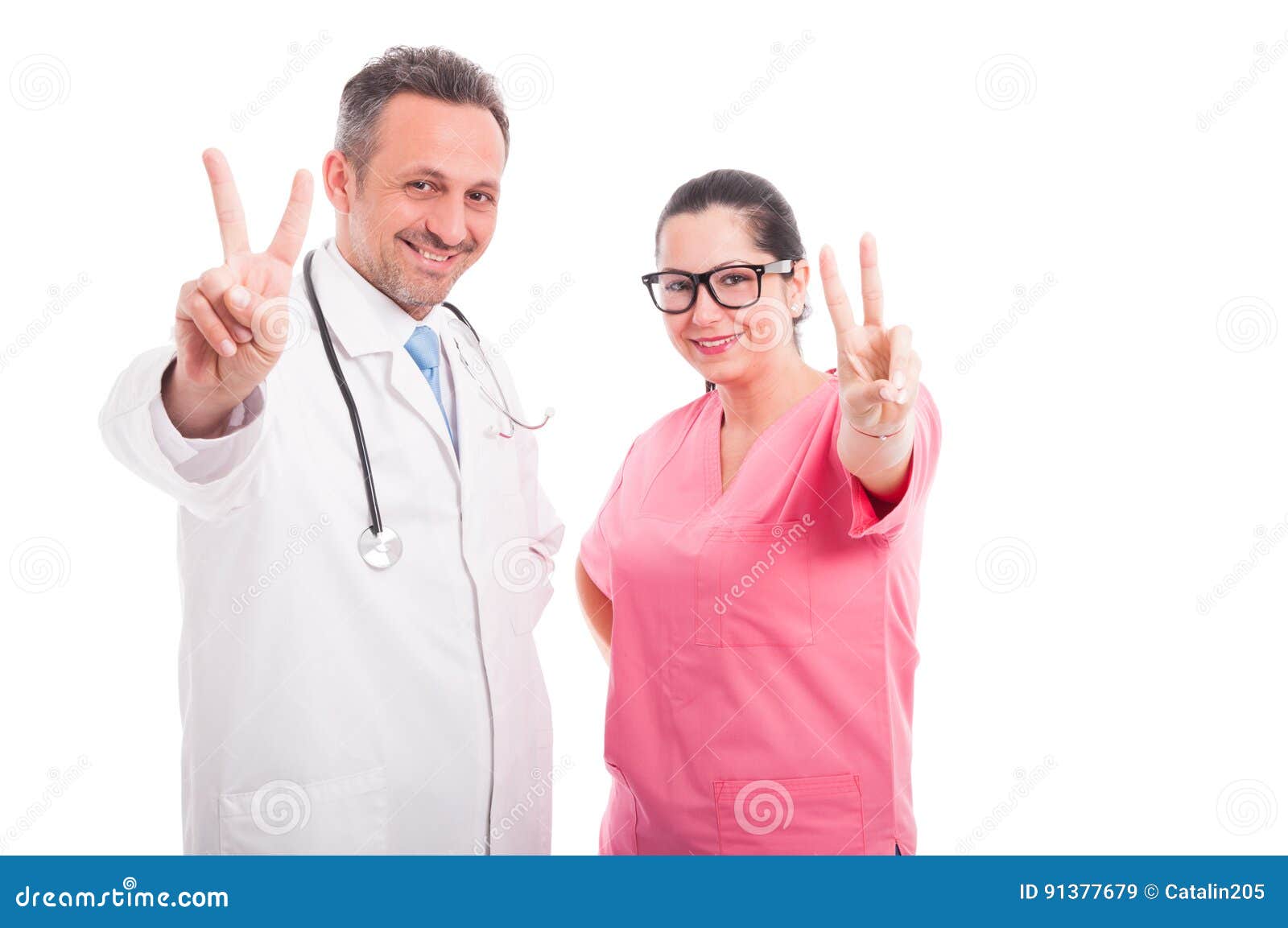 Successful Medic and Female Nurse Doing Peace Gesture Stock Image ...