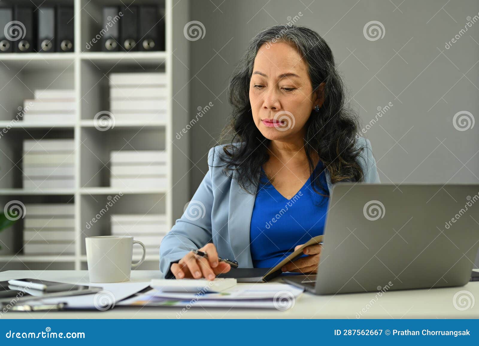 Successful Middle Age Businesswoman Using Laptop Working with ...