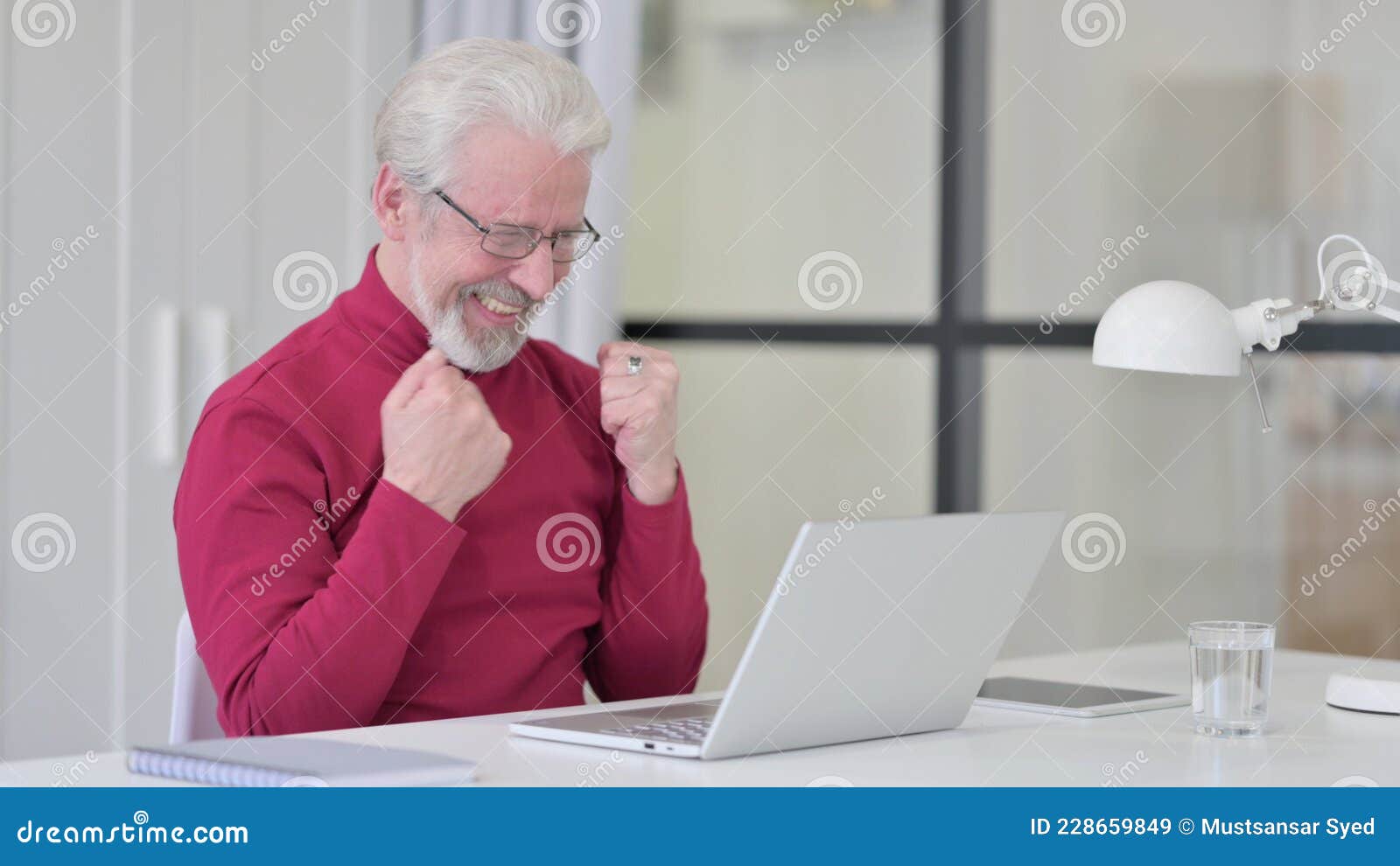 Successful Old Man Celebrating on Laptop at Work Stock Image - Image of ...
