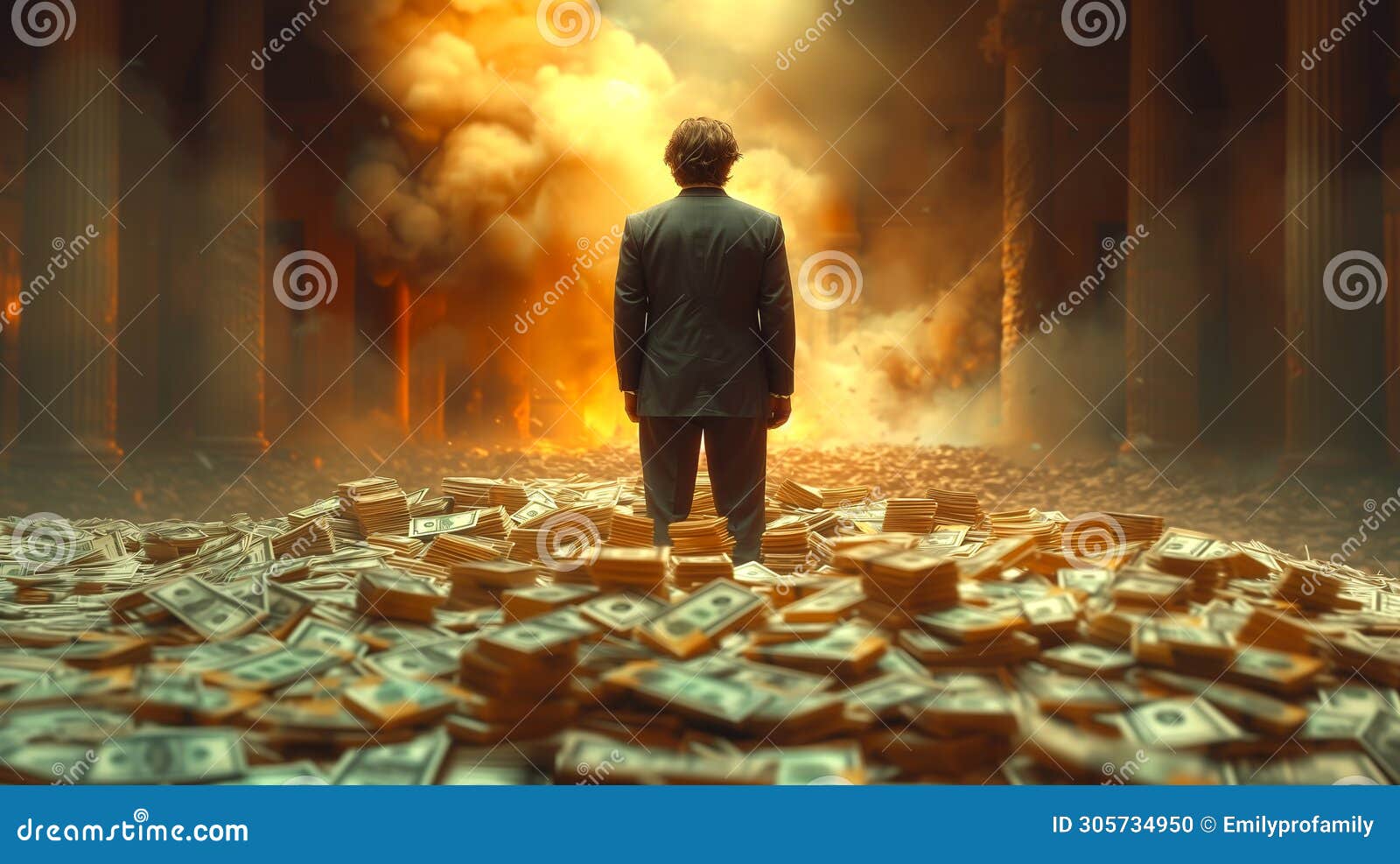 Successful Rich Man Standing Tall on Cash Heap, Dramatic Lighting ...