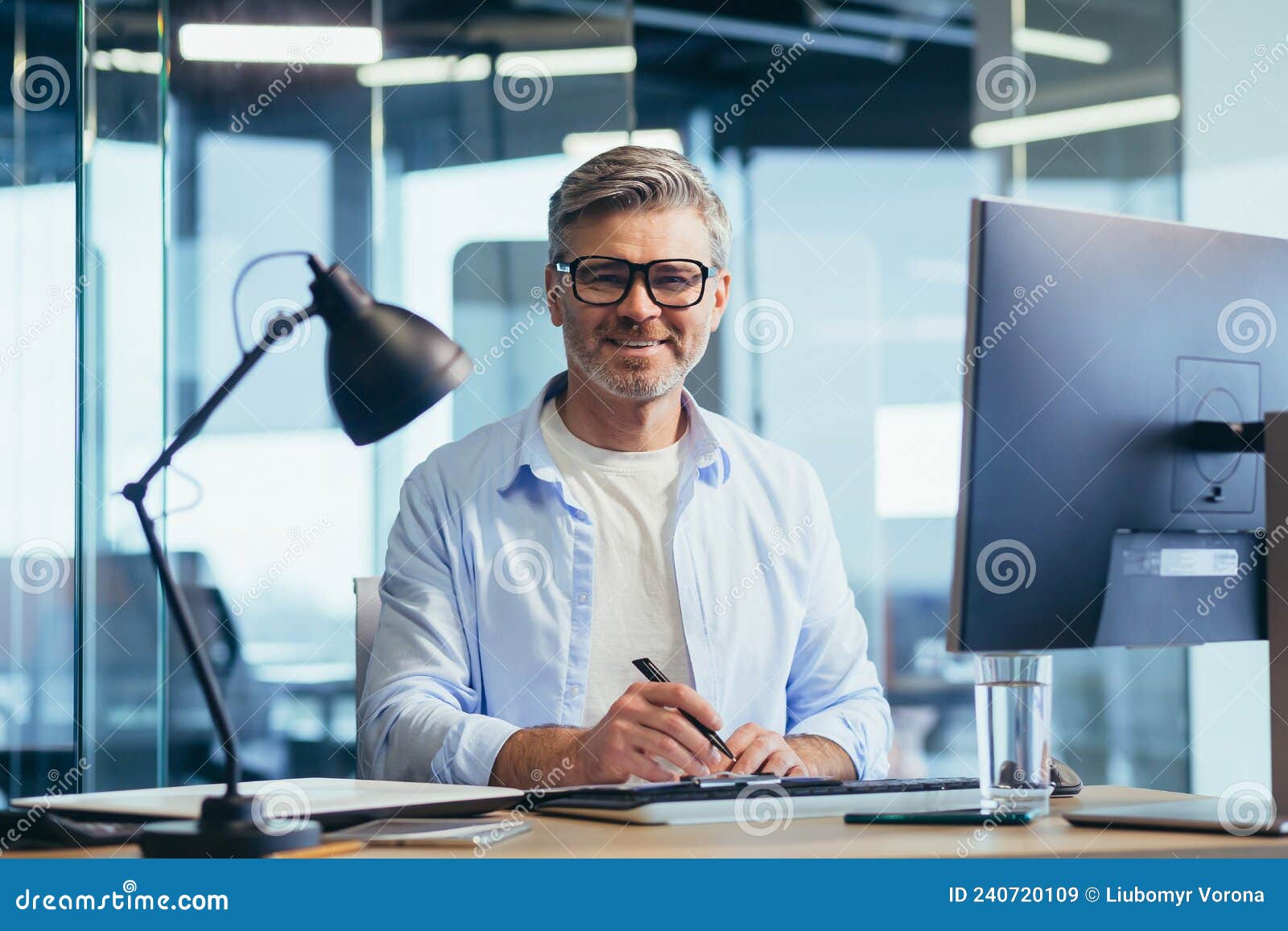 Senior Boss with Glasses, Working on Computer, Businessman in Shirt, in ...