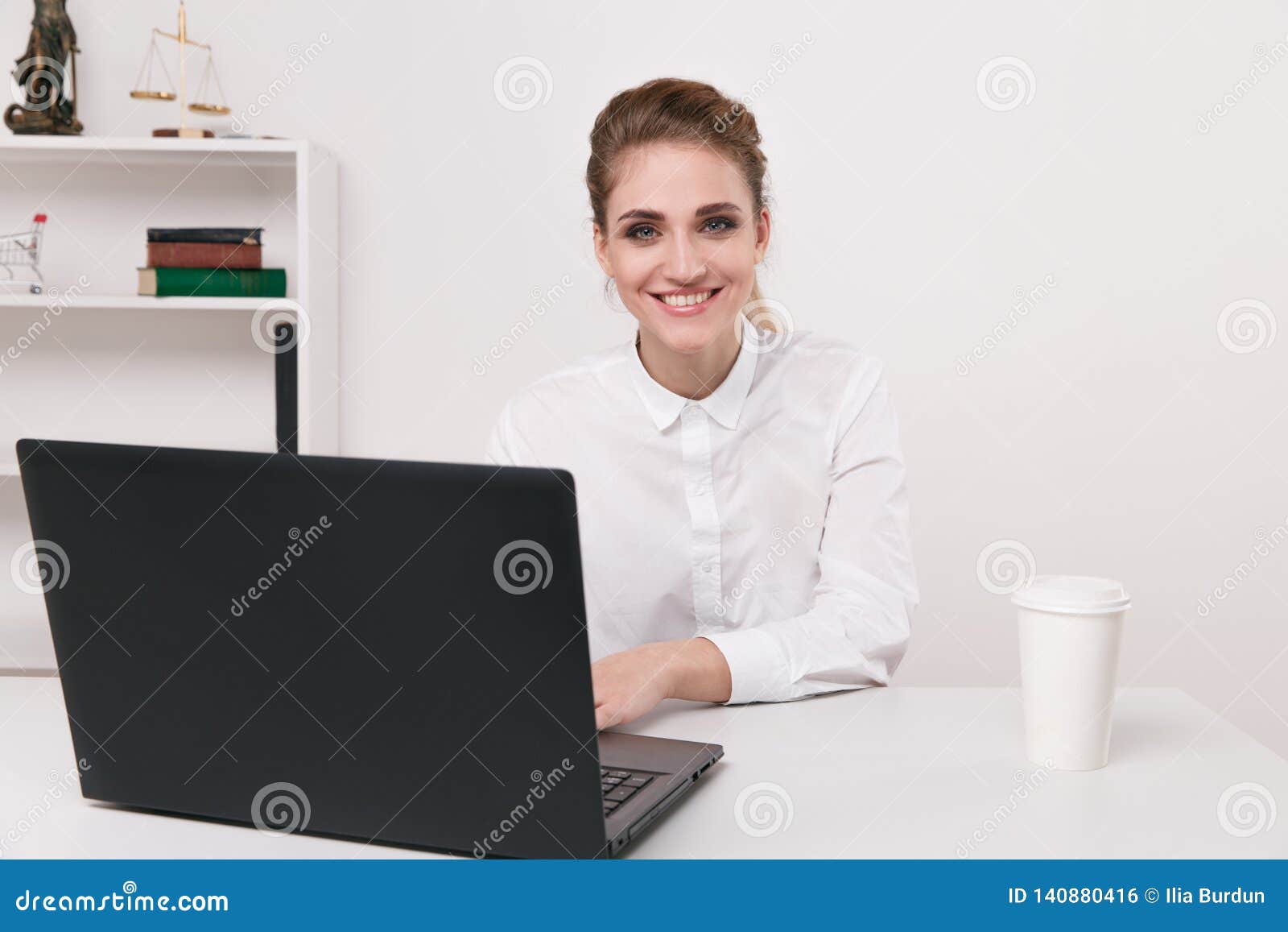 Successful Smiling Office Girl Working Her Laptop. Stock Photo - Image ...
