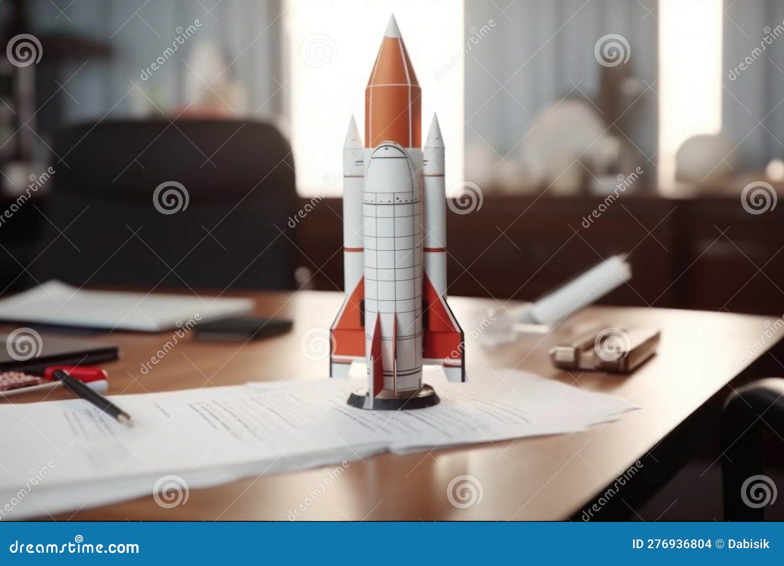 Successful Startup Concept. Launching Rocket on Office Table ...