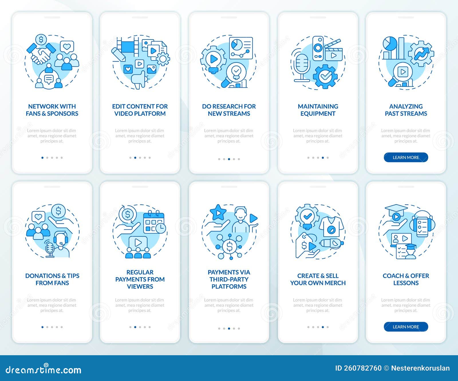 Successful Streamer Activity Blue Onboarding Mobile App Screen Set ...