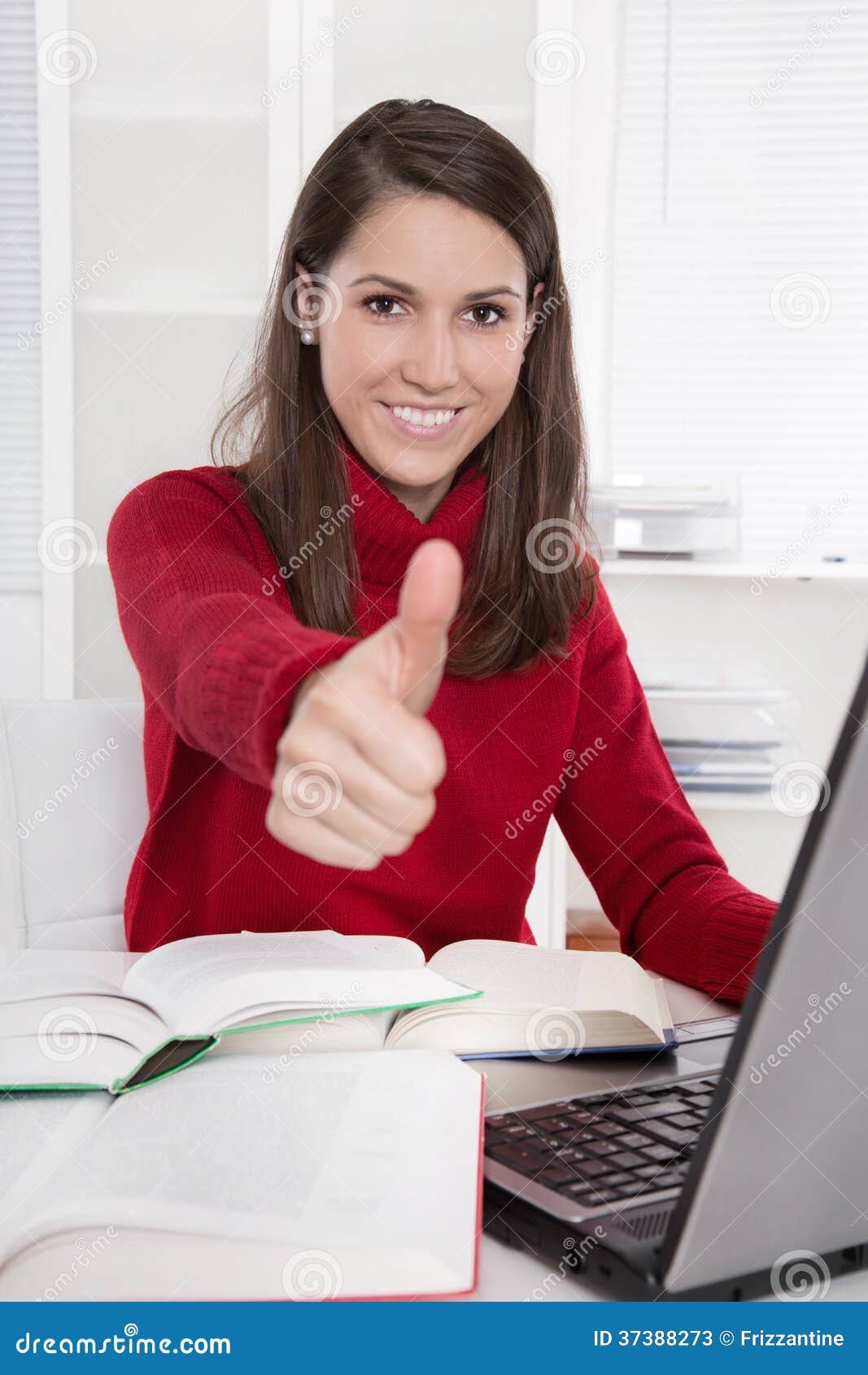 Successful Student in Front of Her Computer with Thump Up. Stock Image ...