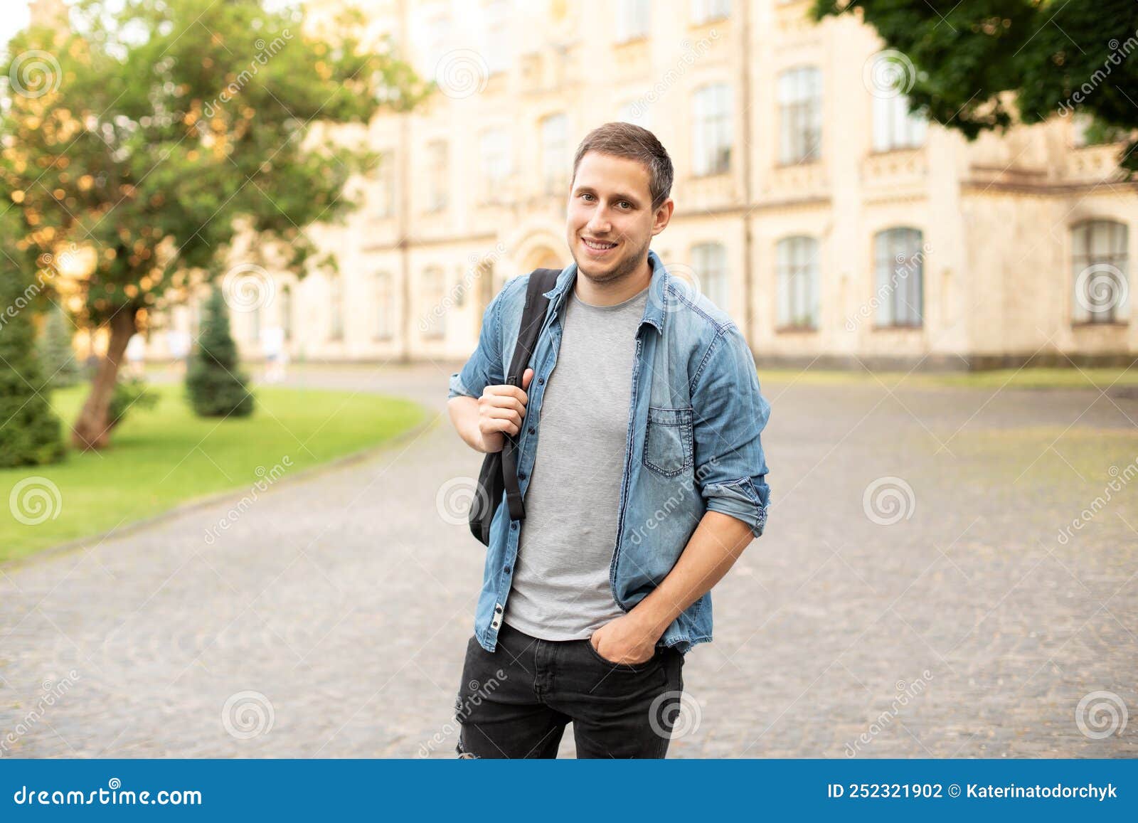 Successful Student is Standing with Backpack Near Campus on the ...