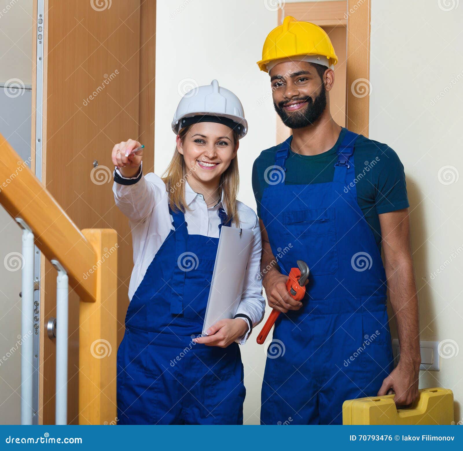 Successful Team of Builders Standing at Entrance Stock Photo - Image of ...