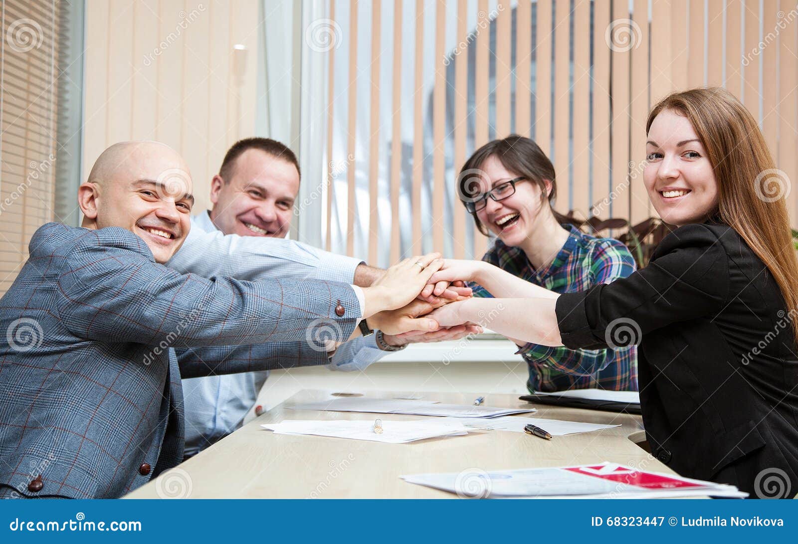 Teamwork. Closeup Poto Young Coworkers Crew Working With New Startup ...