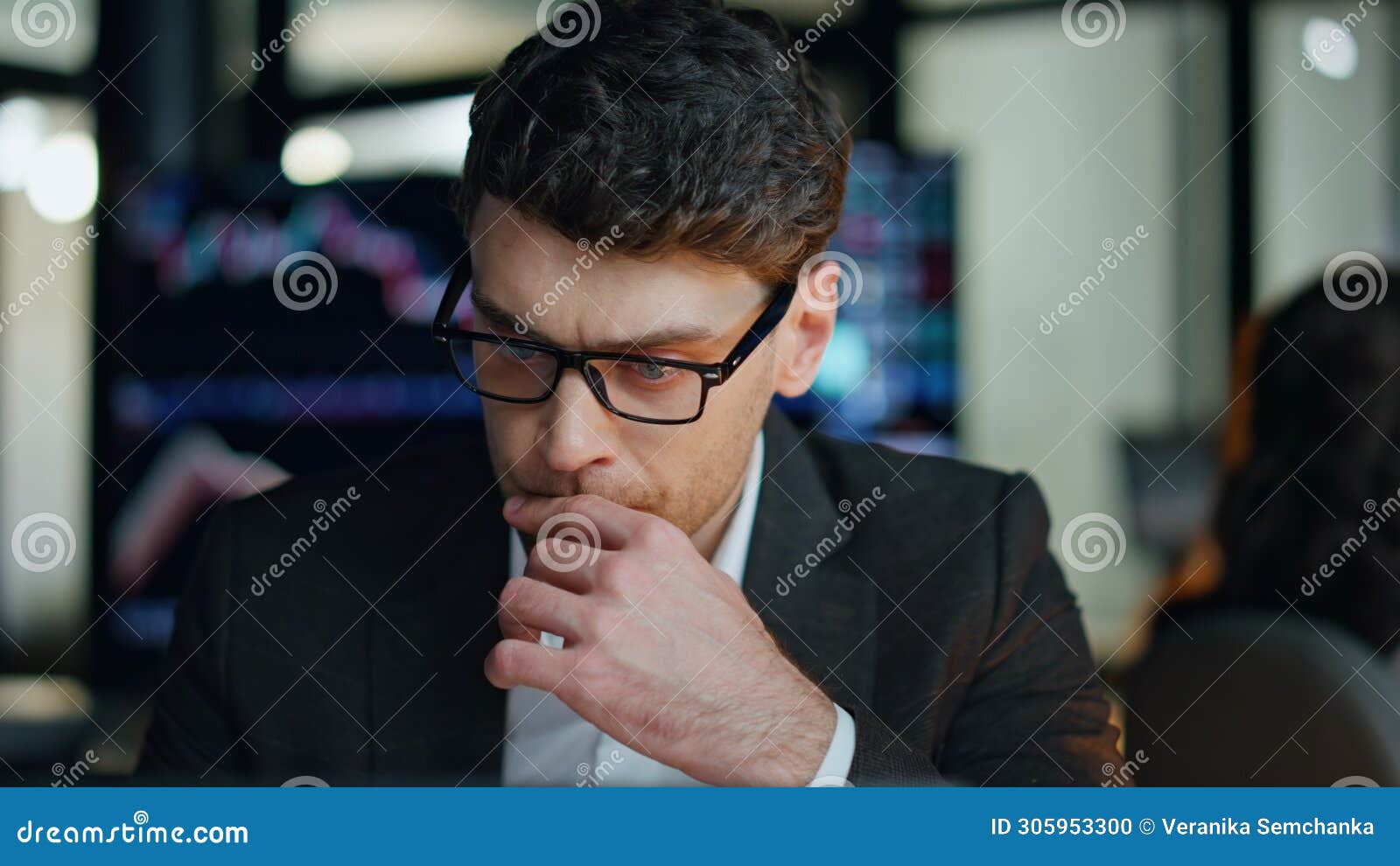 Successful Trader Working Office Evening Closeup. Pensive Man Looking ...