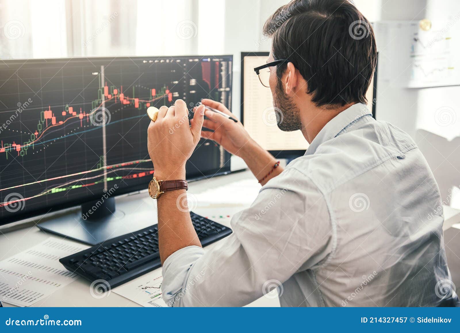 Successful Trading. Back View of Young Bearded Trader in Formal Wear ...