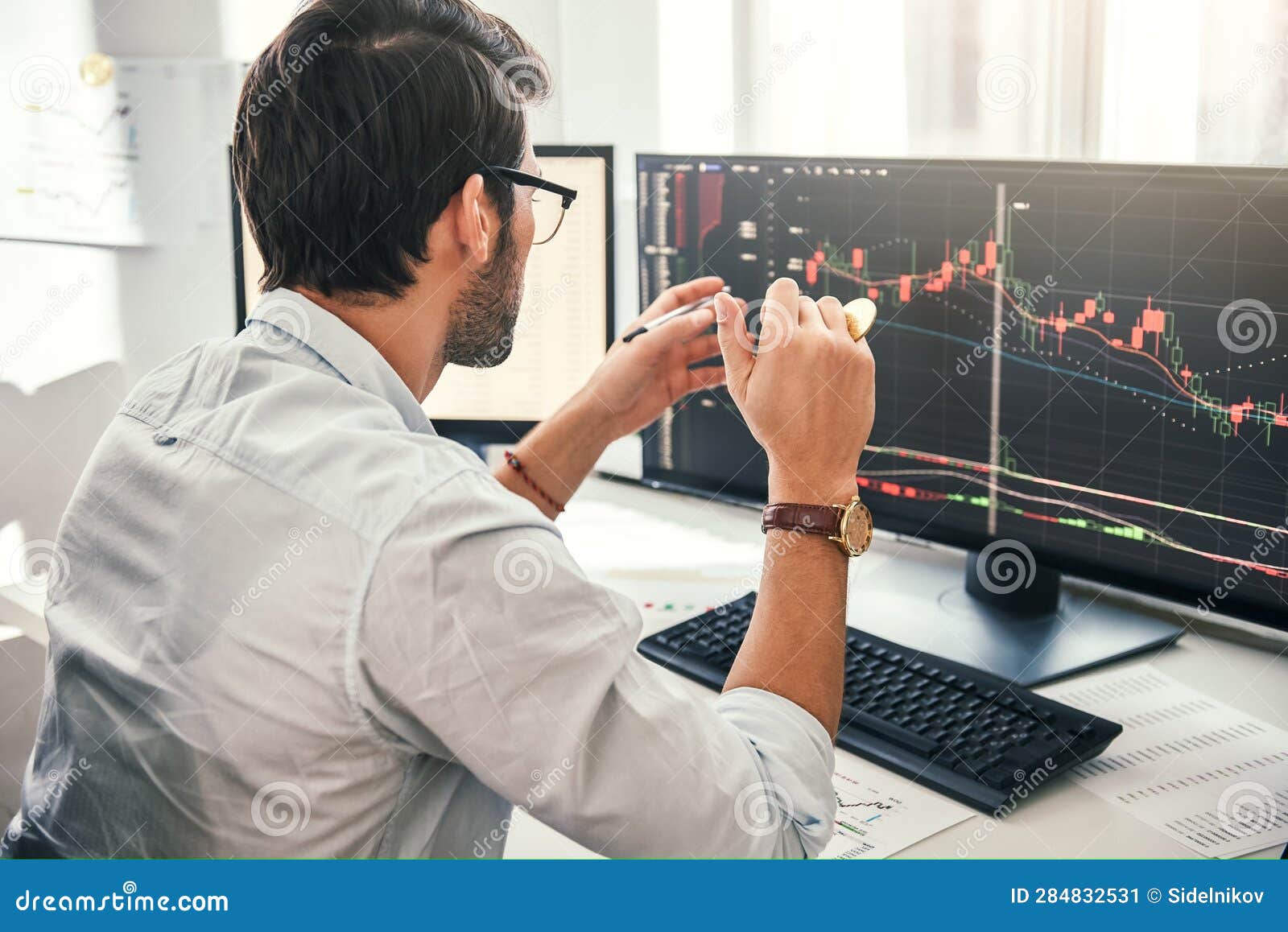Successful Trading. Back View of Young Bearded Trader in Formal Wear ...