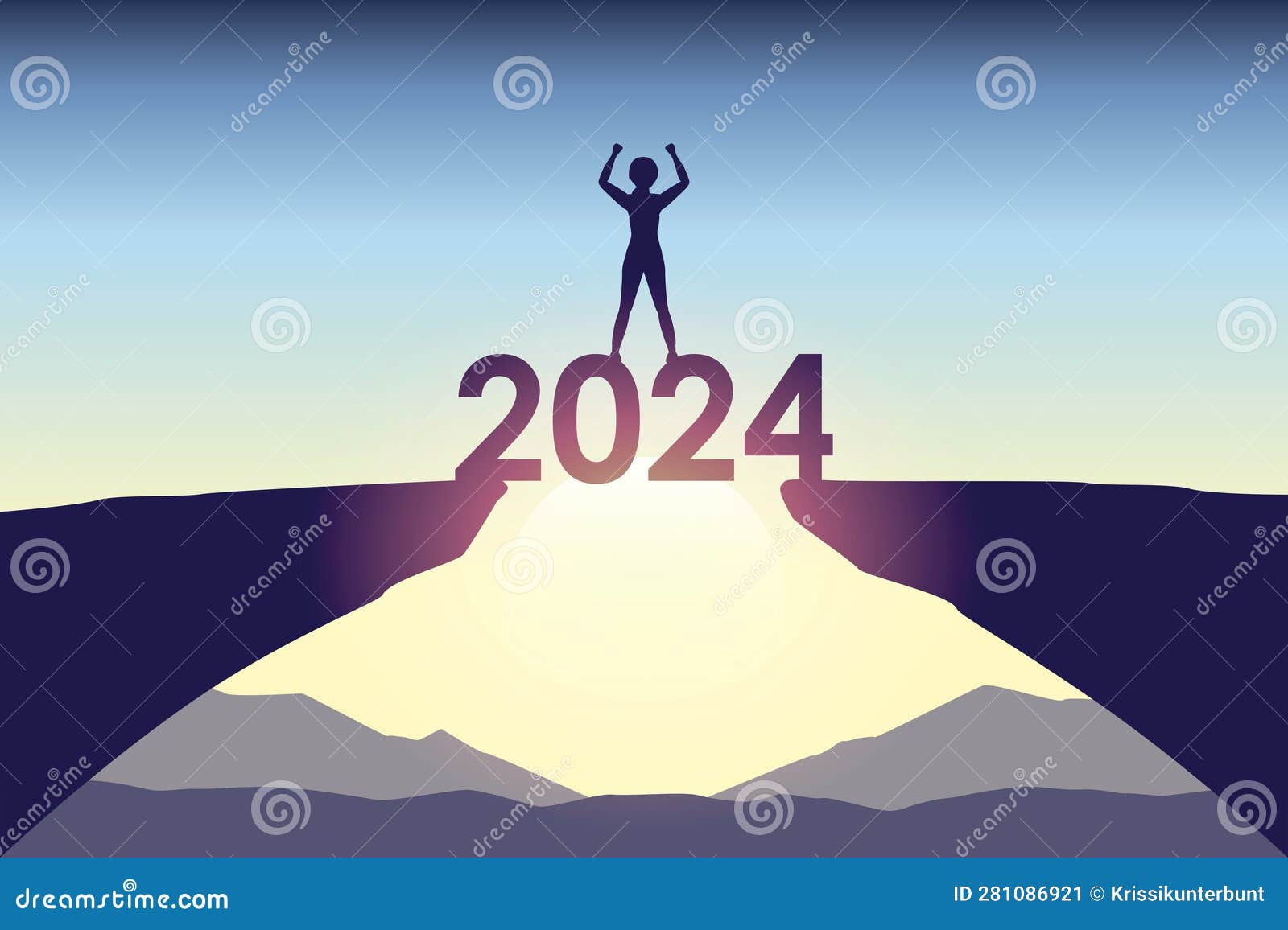 Successful Woman on a Cliff at Sunset with 2024 Typography Stock Vector ...