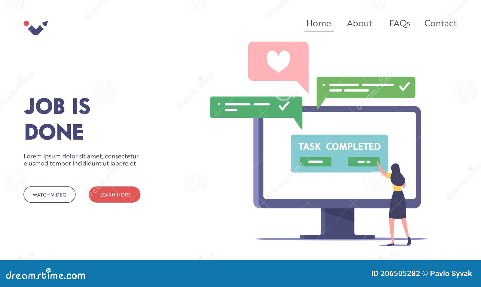 Task Completed Landing Page Template. Tiny Male Female Characters With ...