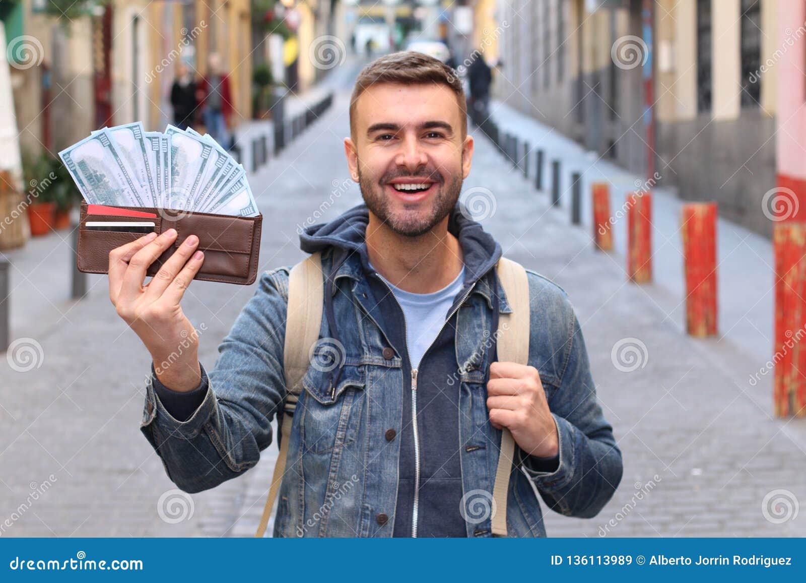 Successful Young Guy with Full Wallet Outdoors Stock Image - Image of ...