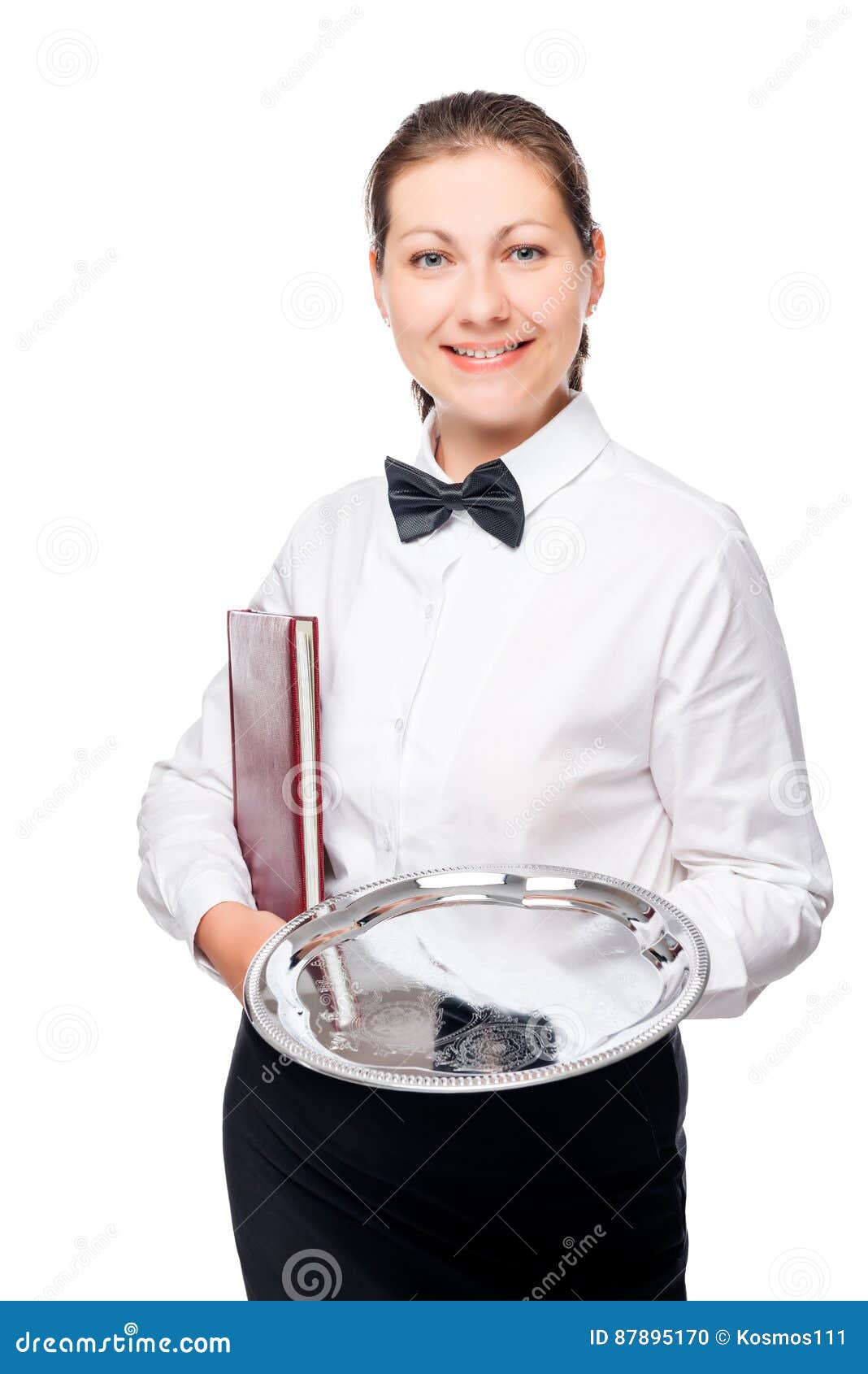 Successful Young Waitress with a Silver Tray on a White Stock Photo ...