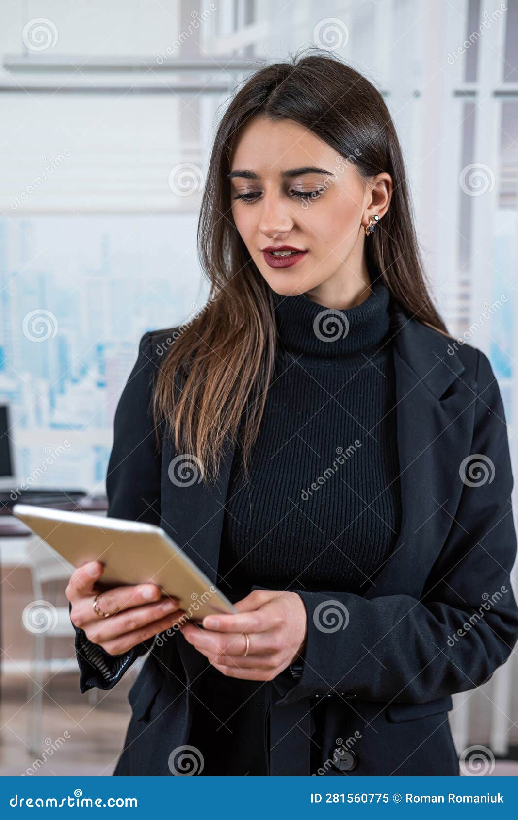 Successful Young Woman Freelancer Manager Work with Phone Standing ...