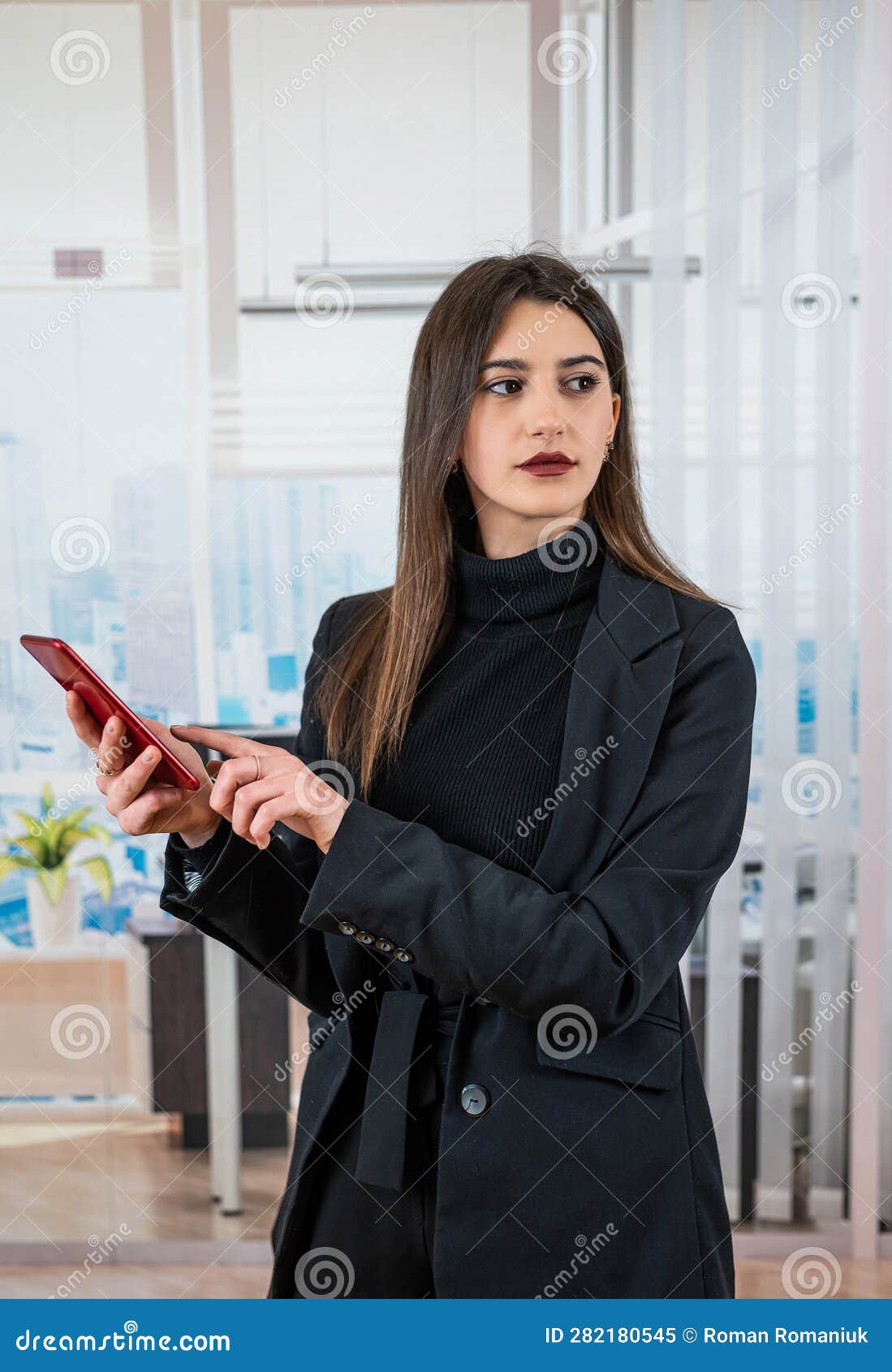 Successful Young Woman Freelancer Manager Work with Phone Standing ...