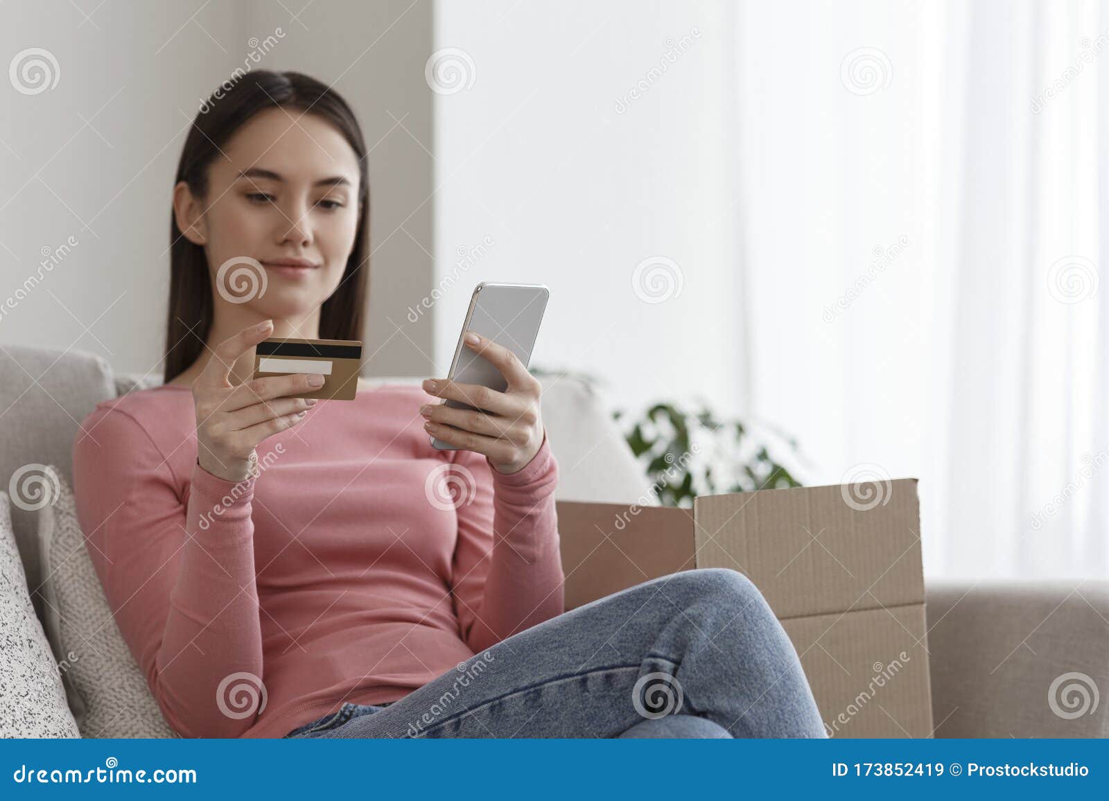 Successful Young Woman Making Transaction Using Mobile Bank Stock Image ...