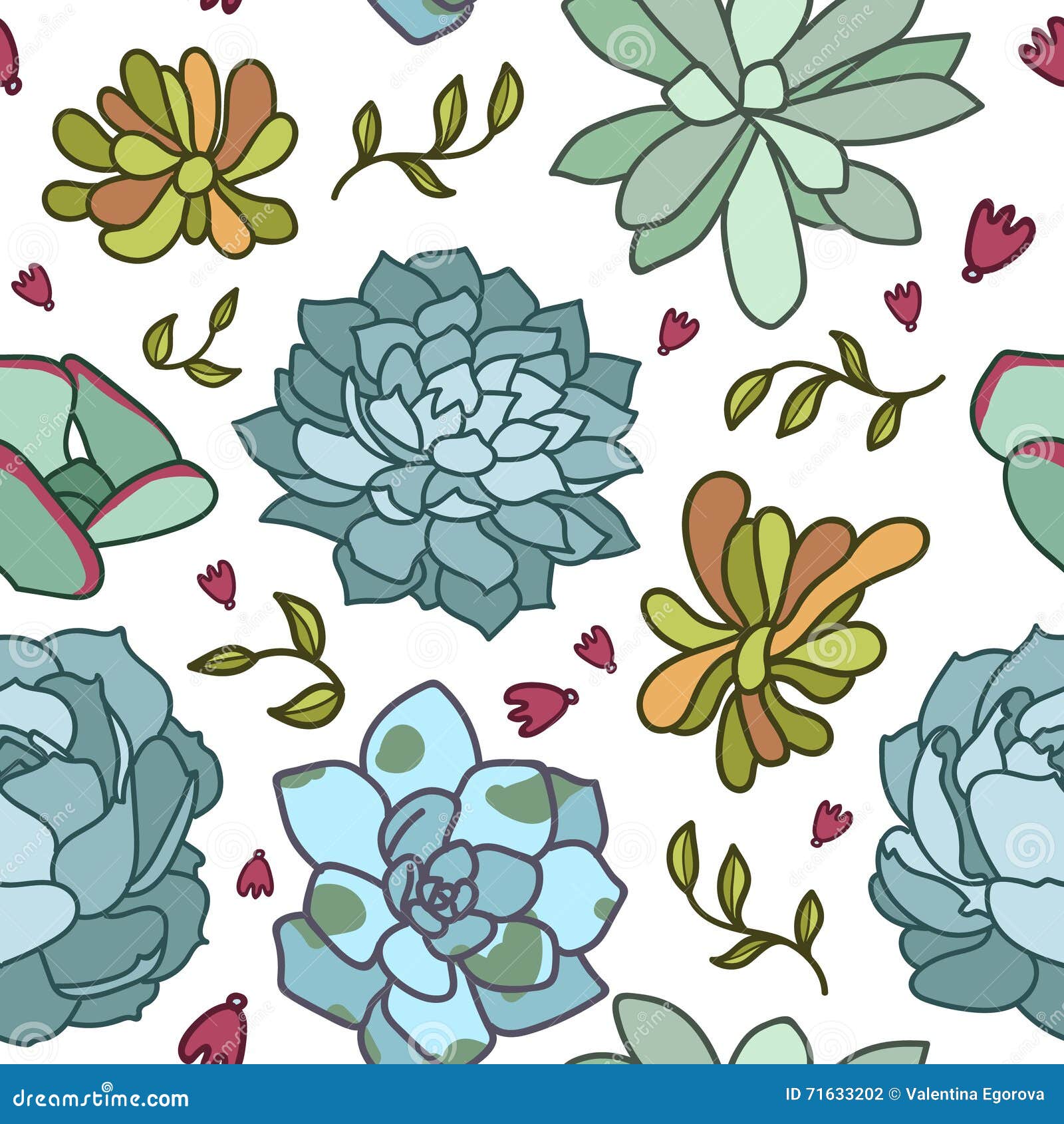Succulent Flower Seamless Pattern Hand Drawn Vector Illustration, Flat ...