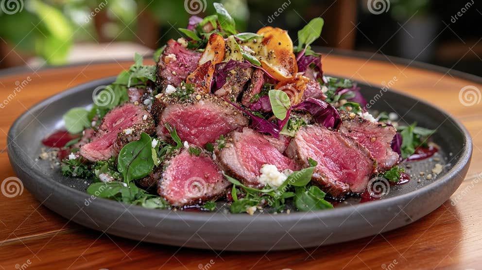 Succulent Medium-Rare Steak Salad on Rustic Plate Stock Image - Image ...