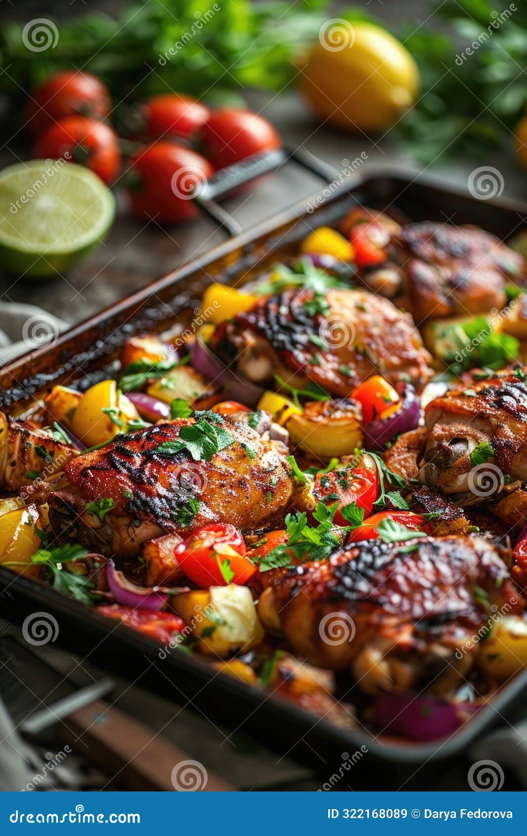 Succulent Roasted Chicken with Vegetables on Baking Tray Stock Image ...