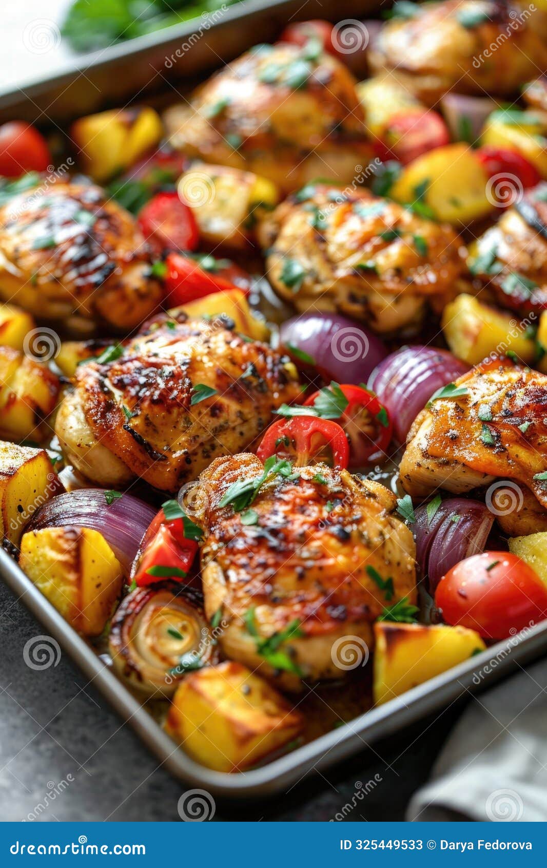 Succulent Roasted Chicken with Vegetables on Baking Tray Stock Image ...