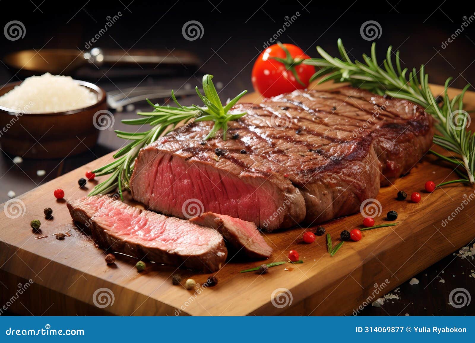 Succulent Steak With Herbs On Dark Backdrop. Concept Steak Photography ...