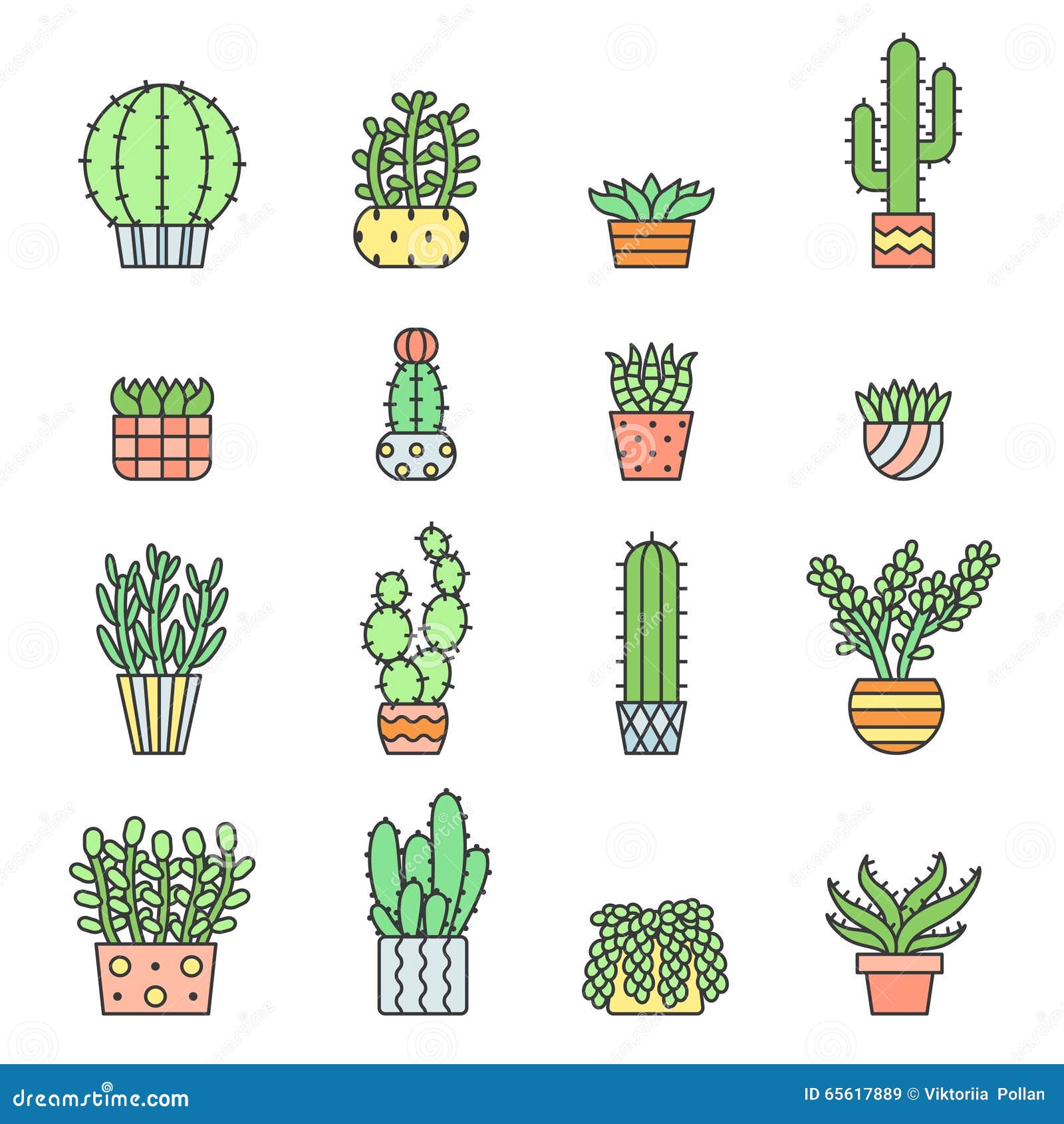 Succulents and Cacti Outline Multicolored Vector Icons Set ...