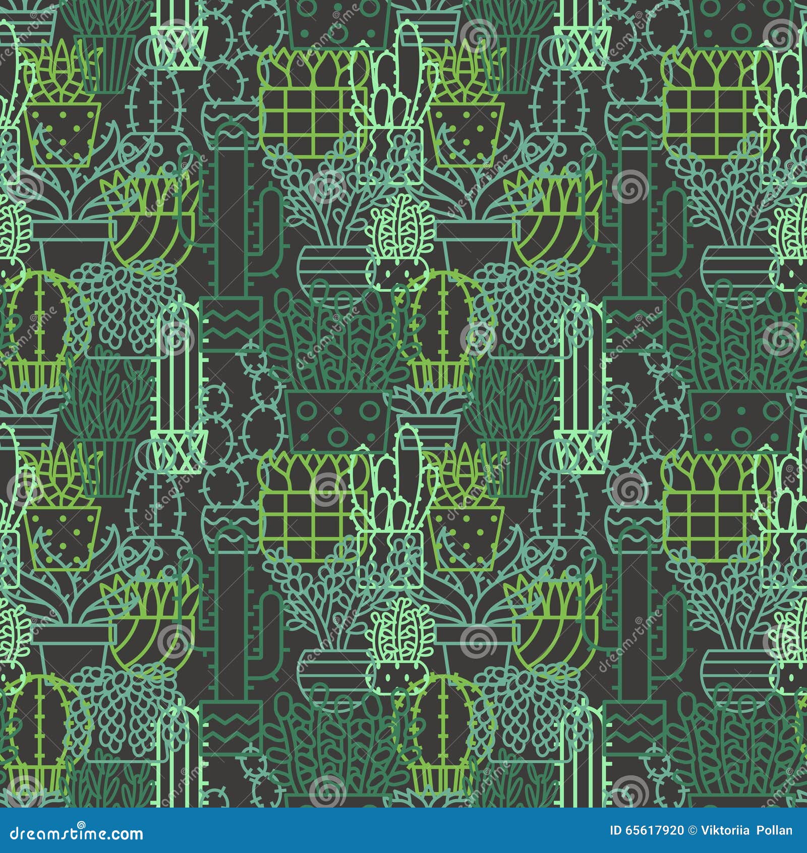 Succulents and Cacti Outline Vector Seamless Pattern. Minimalistic ...