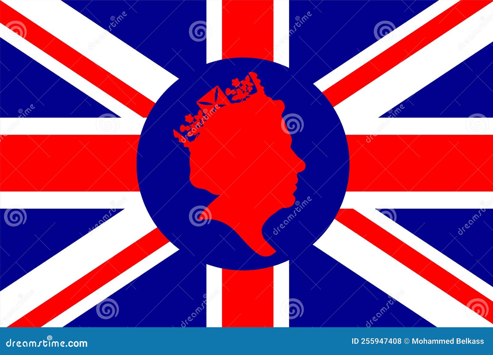 Queen Elizabeth Face Red with British United Kingdom Emblem Flag Stock ...