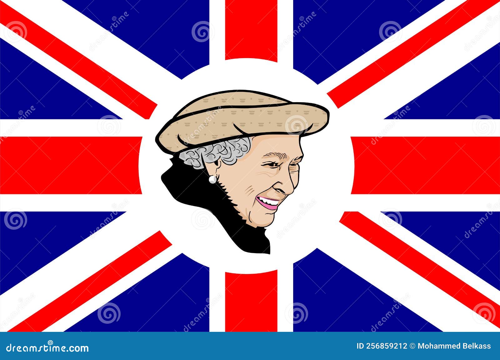 Queen Elizabeth Face Portrait with British United Kingdom Emblem Flag ...