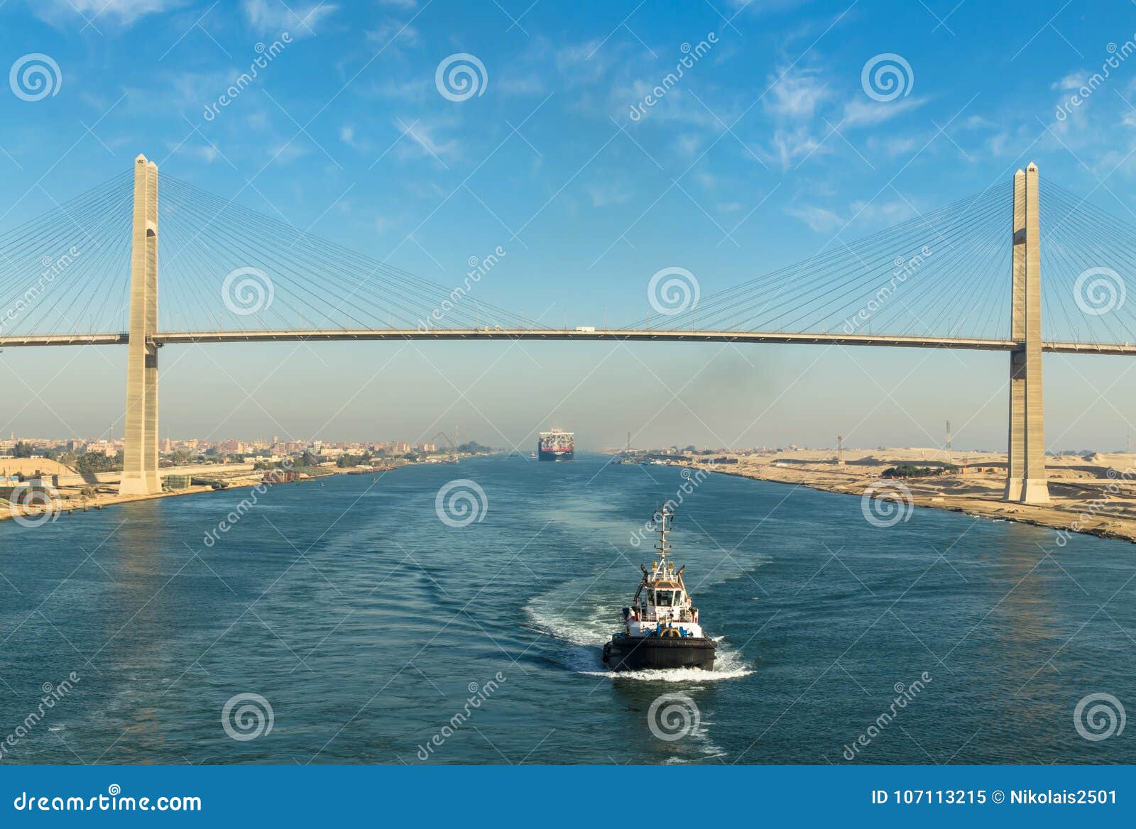 Suez Canal Egypt 2017 Ship`s Convoy Passing Through Suez Canal In The Background The Suez