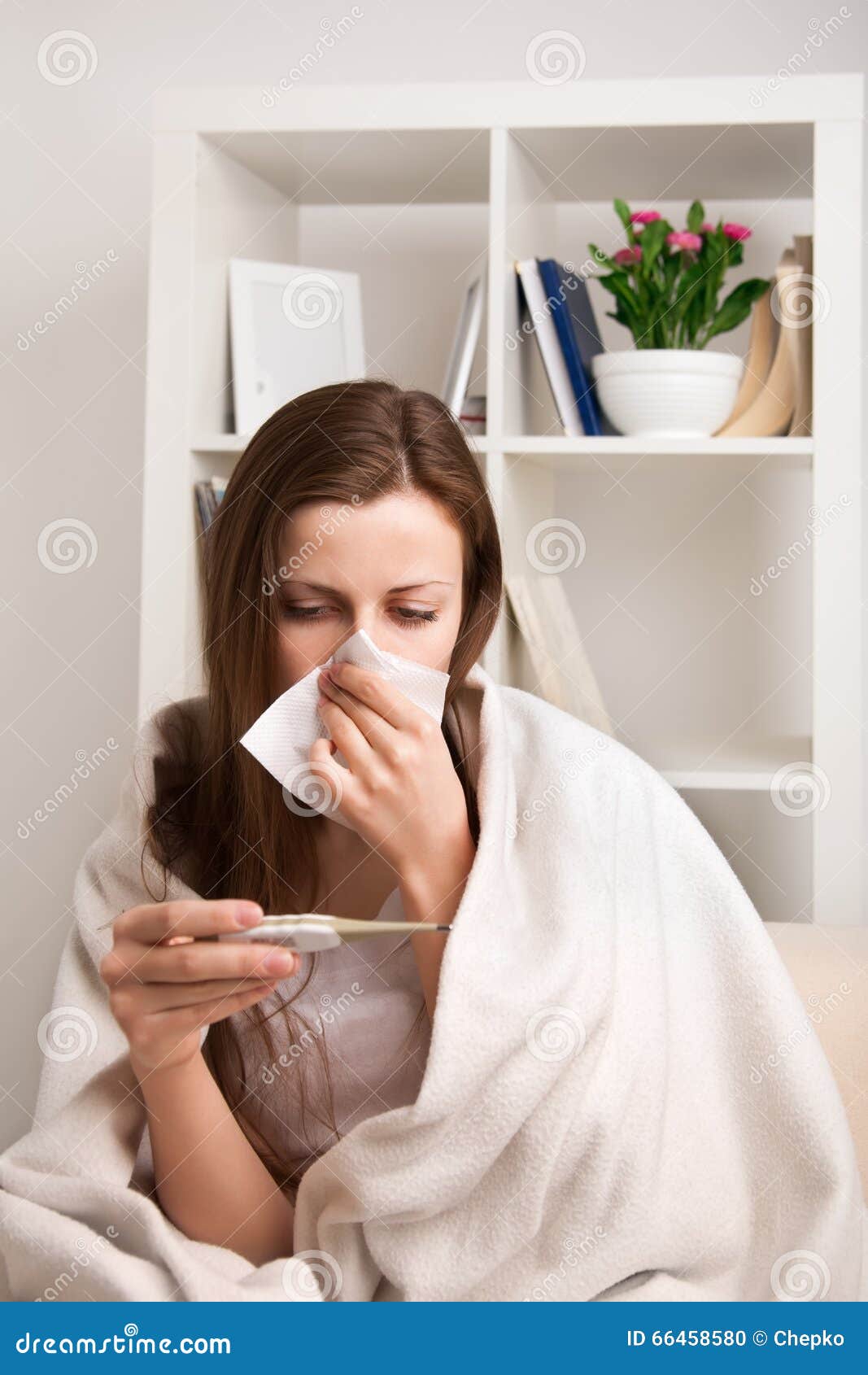 She suffers a cold stock photo. Image of handkerchief - 66458580