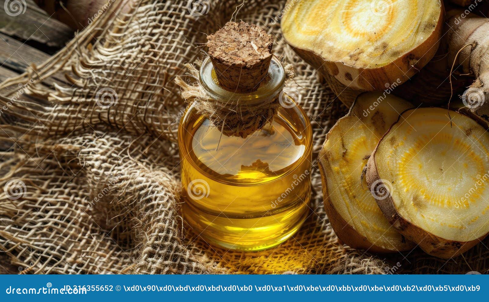 Sugar Beet Essential Oil on the Background of Burlap Top View Stock ...