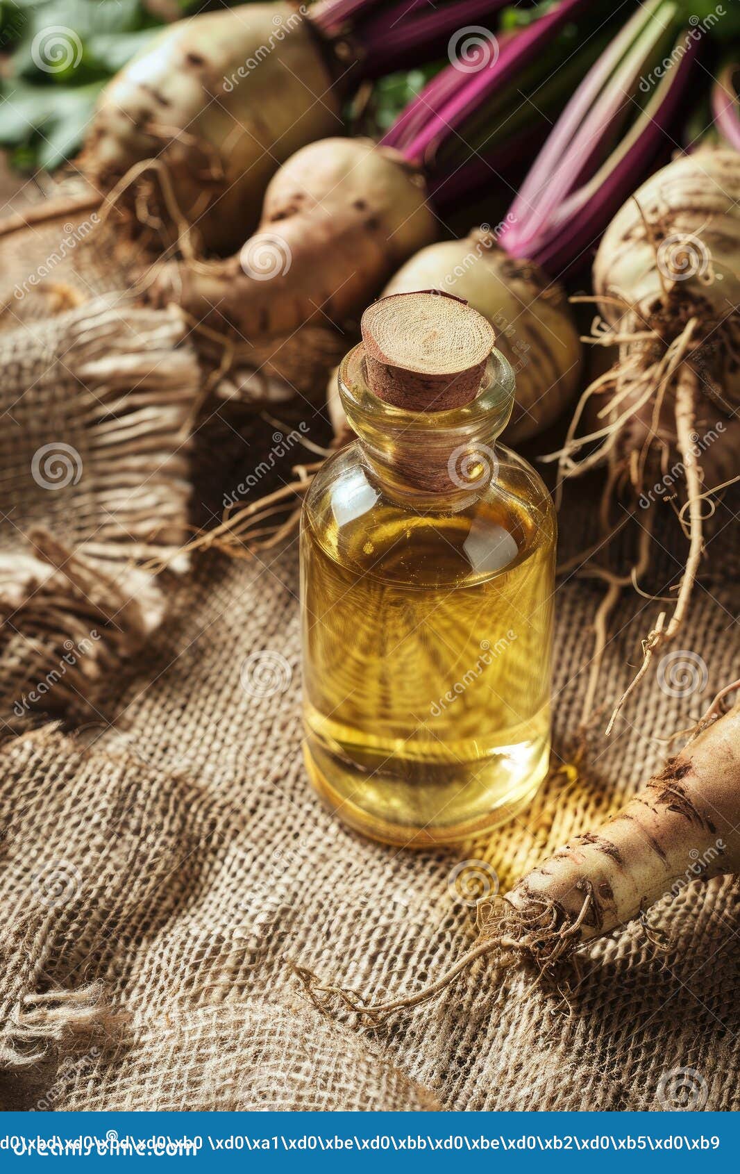 Sugar Beet Essential Oil on the Background of Burlap Top View Stock ...