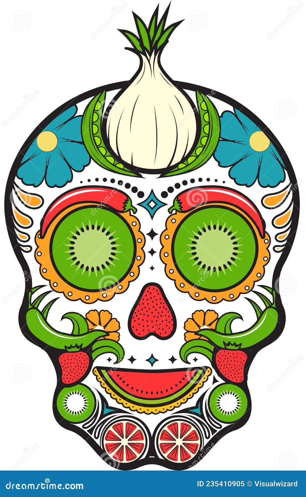 Sugar Fruit and Vegetables Skull Vector Illustration Stock Vector ...