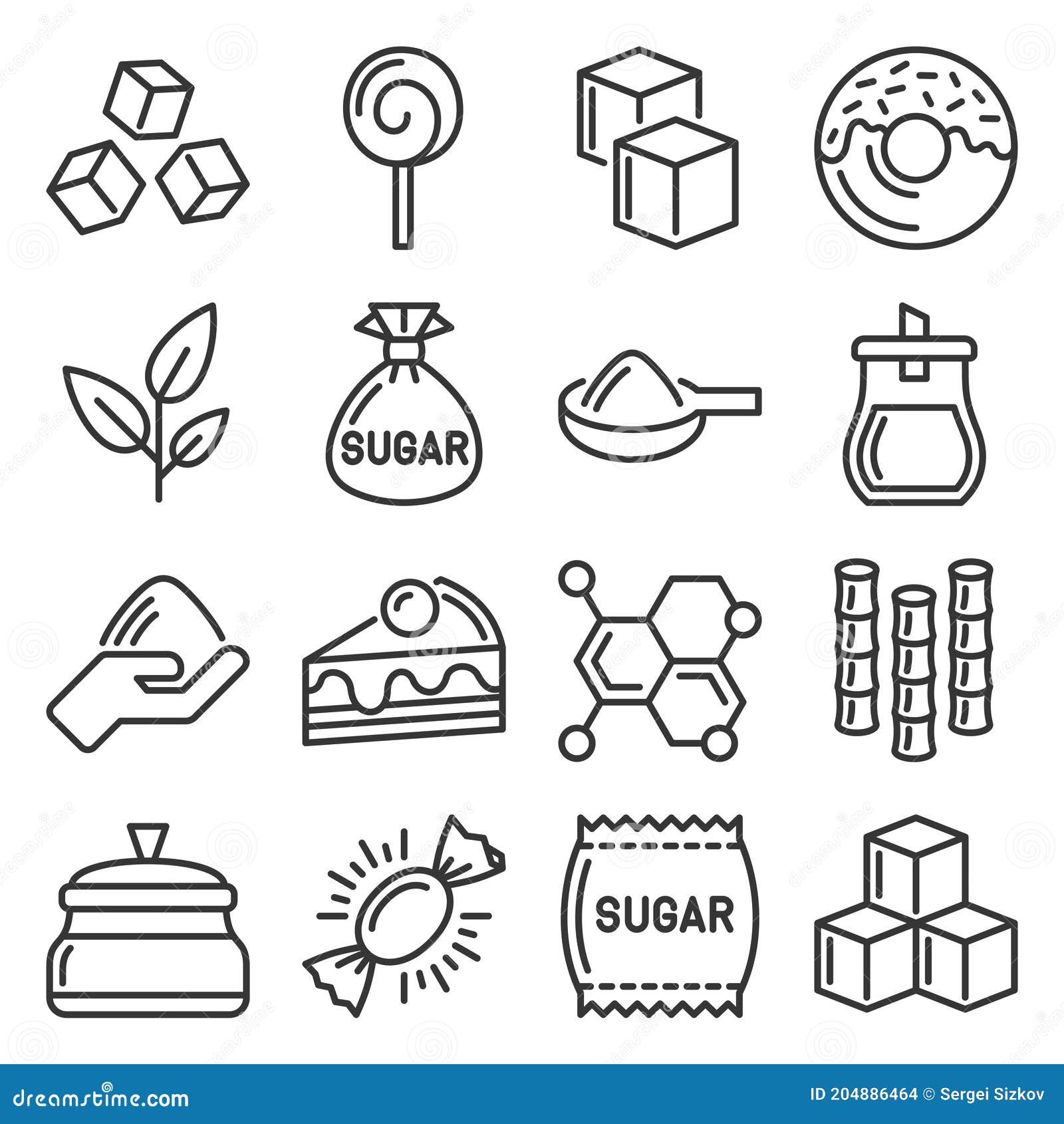 Sugar Icons. Sweeteners, Sugar Canes Packages Bags Cubes And Heap ...