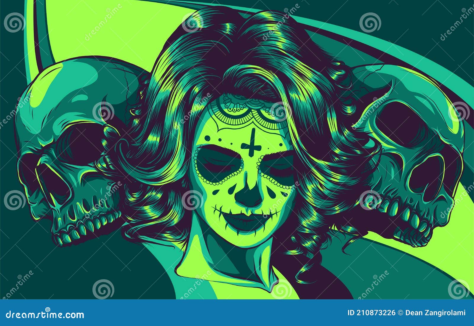 Sugar Skull Girl Face With Two Human Skull Stock Vector Illustration Of Design Skull 210873226