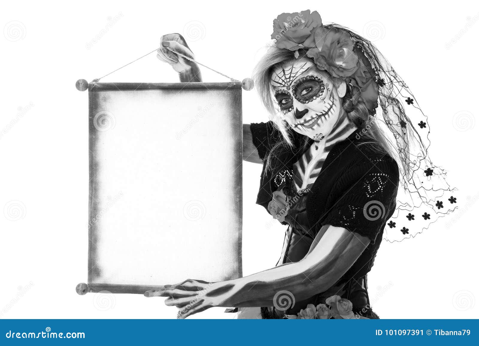 Sugar Skull with Scroll in Black and White Stock Image - Image of ...