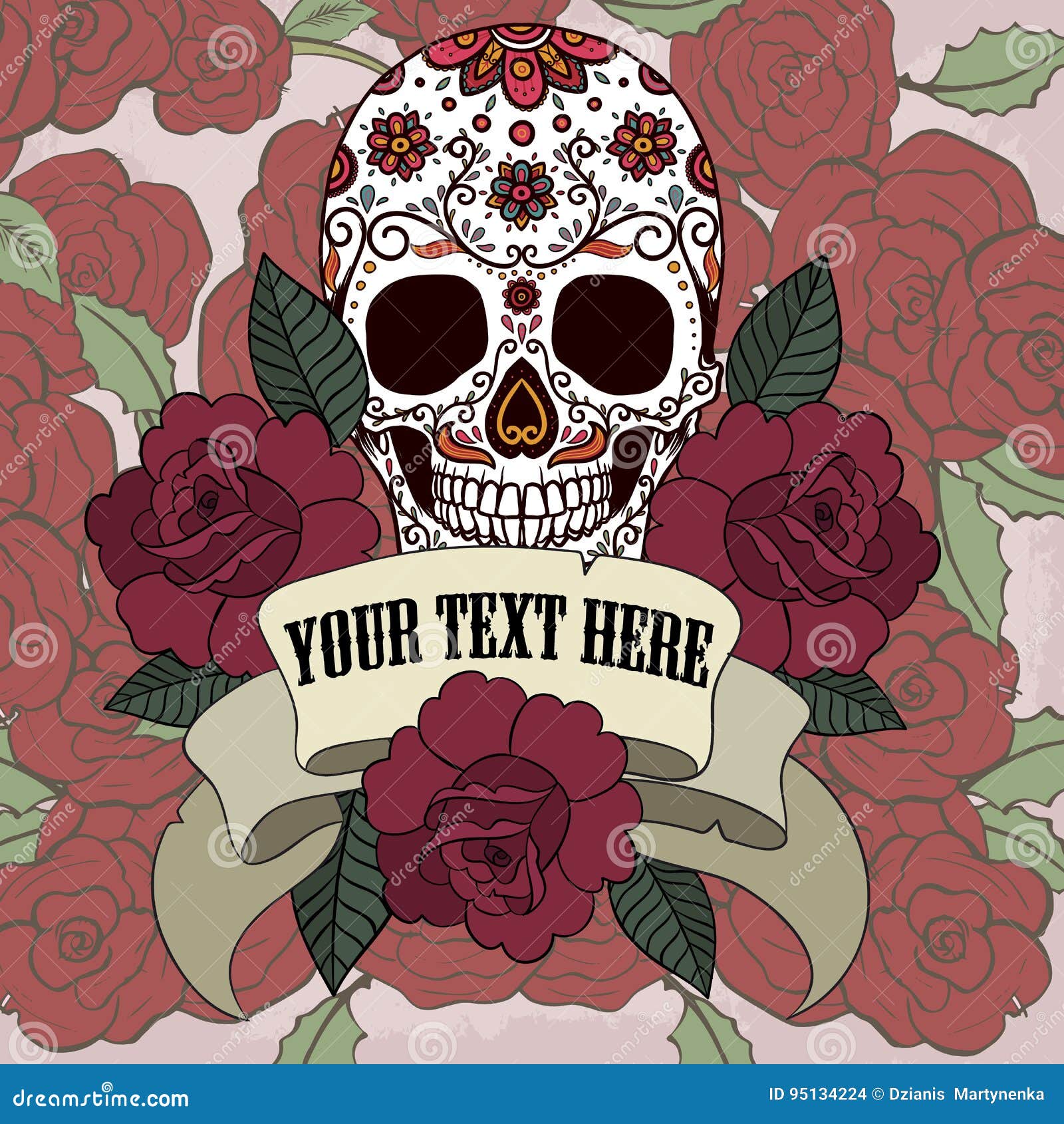 Sugar skull with ribbon stock vector. Illustration of heart - 95134224