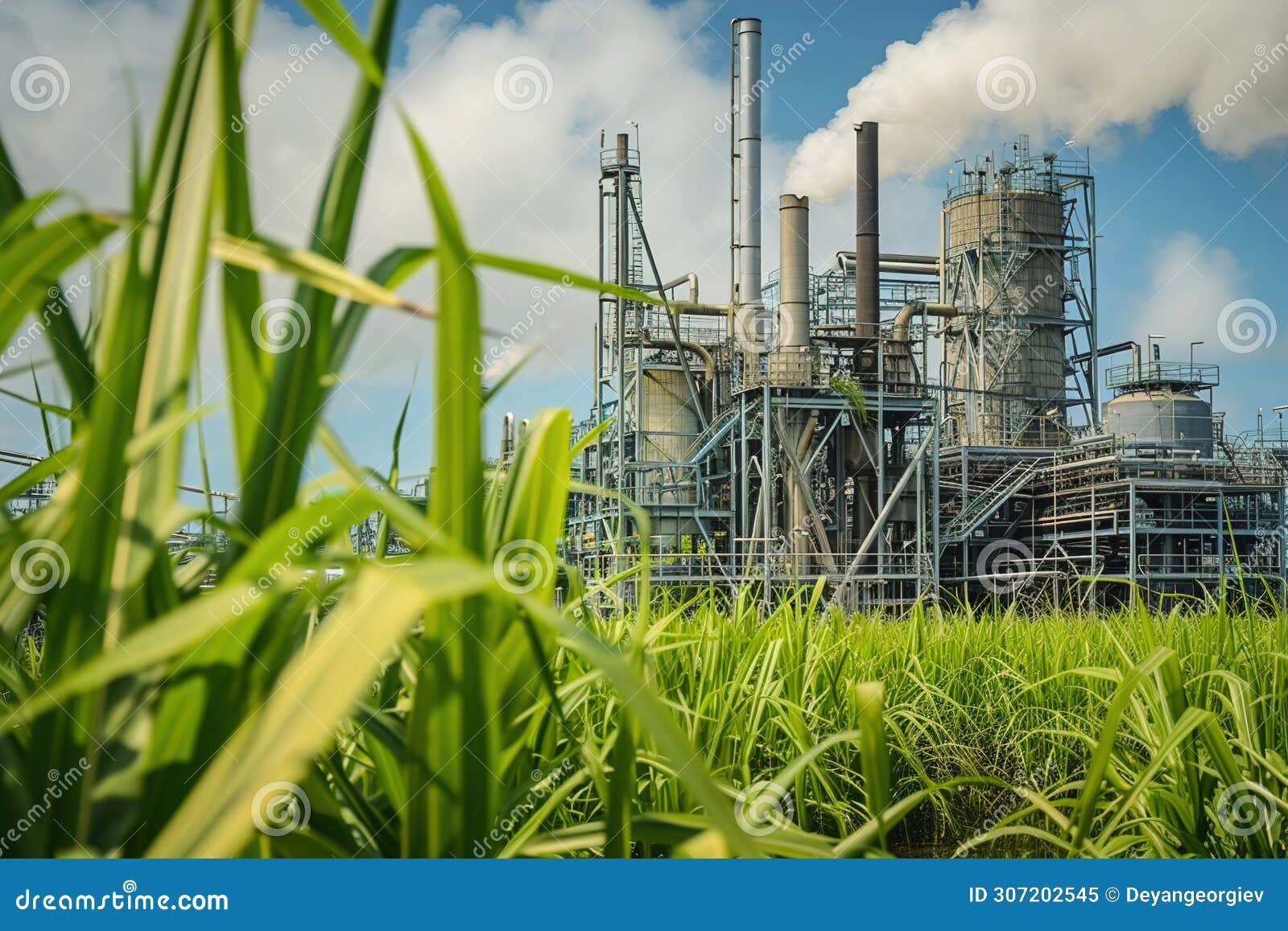Sugarcane on Foreground, Bustling Beet Sugar Refinery with Towering ...
