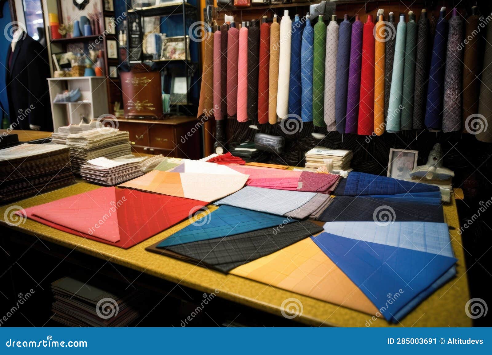 Suit Fabric Samples Displayed on Tailors Table Stock Illustration ...