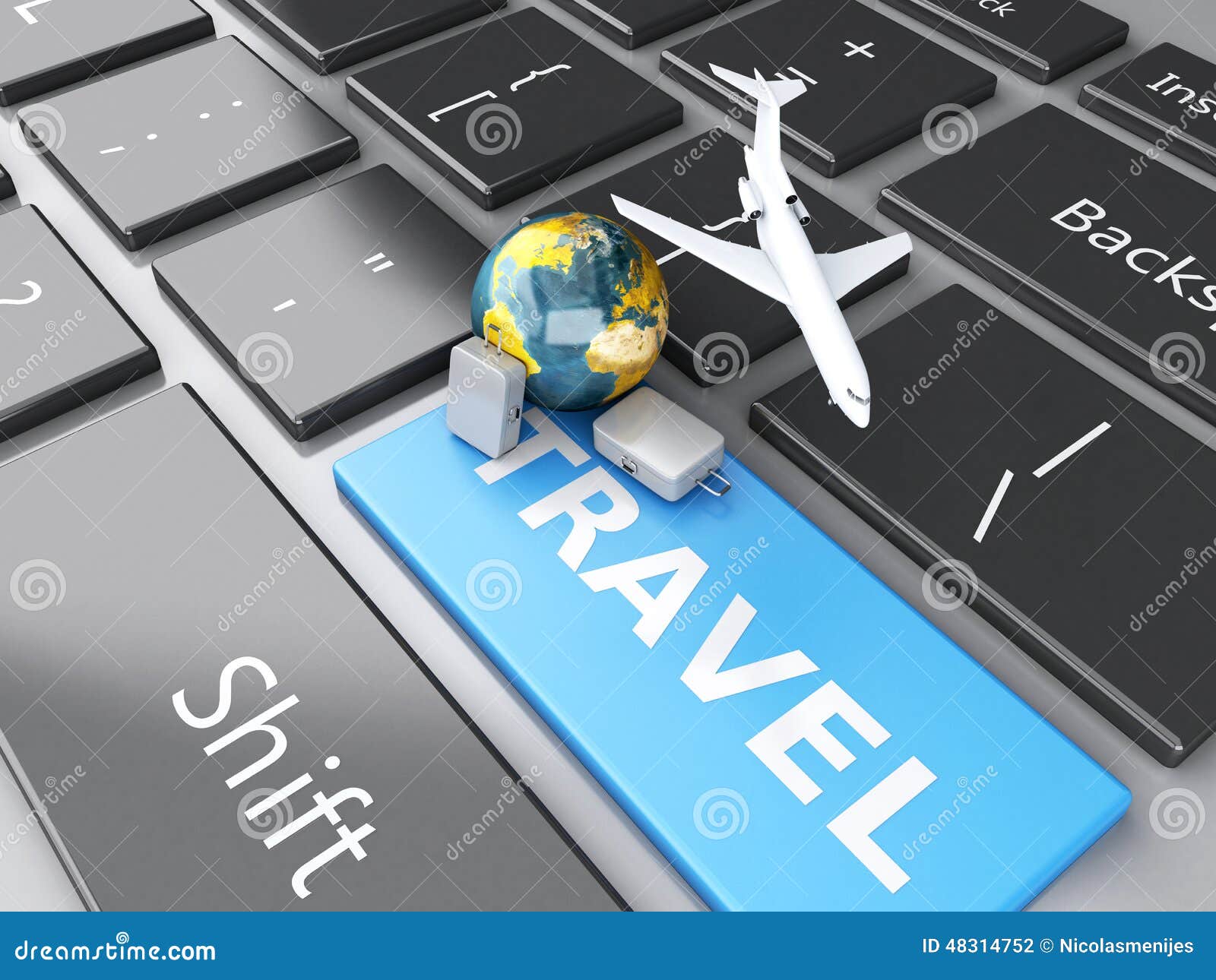 Suitcase, Airplane and Earth on Computer Keyboard. Travel Concept Stock ...