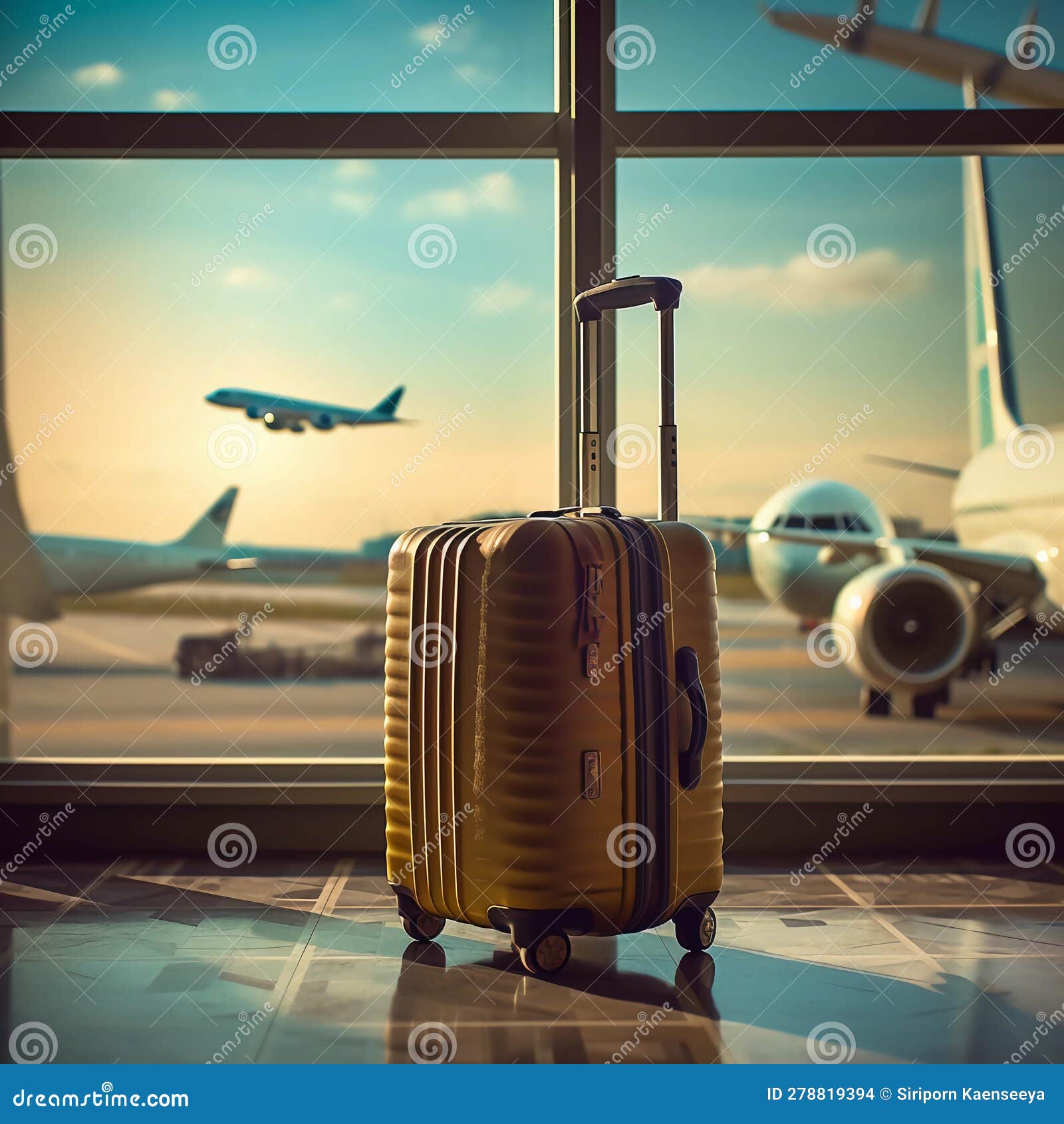Suitcase at the Airport with an Airplane Taking Off, Against a Window ...